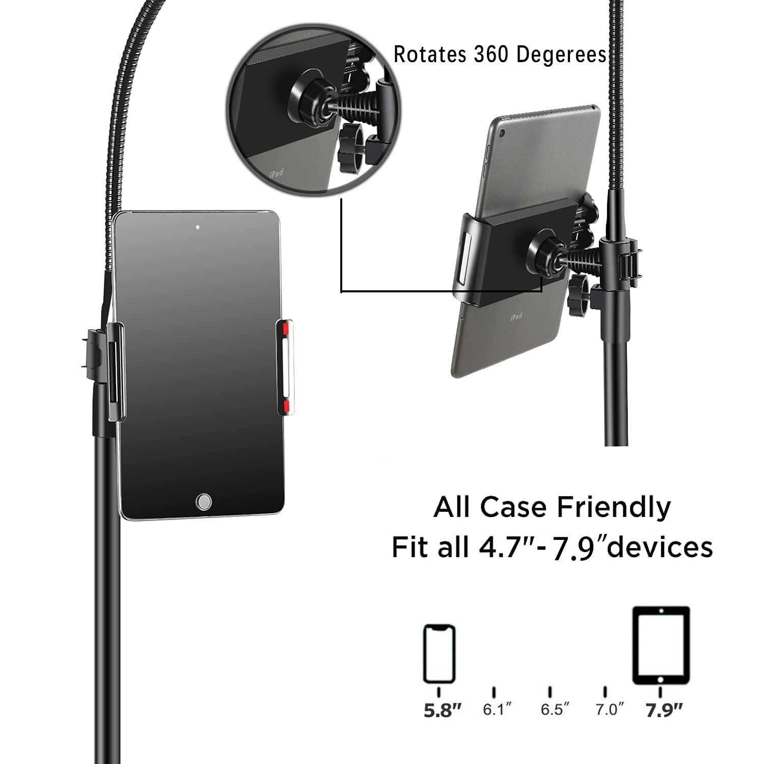 Microphone Stand Portable Mic Stand with Phone Holder,Detachable Gooseneck Mic Tripod - Adjusted Height From 3 to 6 Feet - with 2 Standard Mic Clips