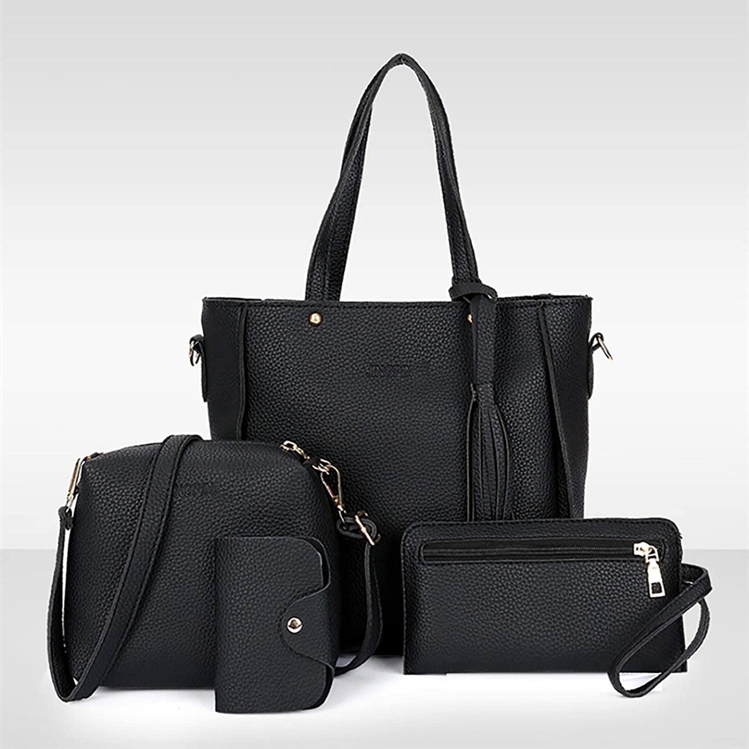 Simple Everything handbag Fashion upgrade Handbag purse Tote shoulder bag, satchel purse set 4 PCS (Black)
