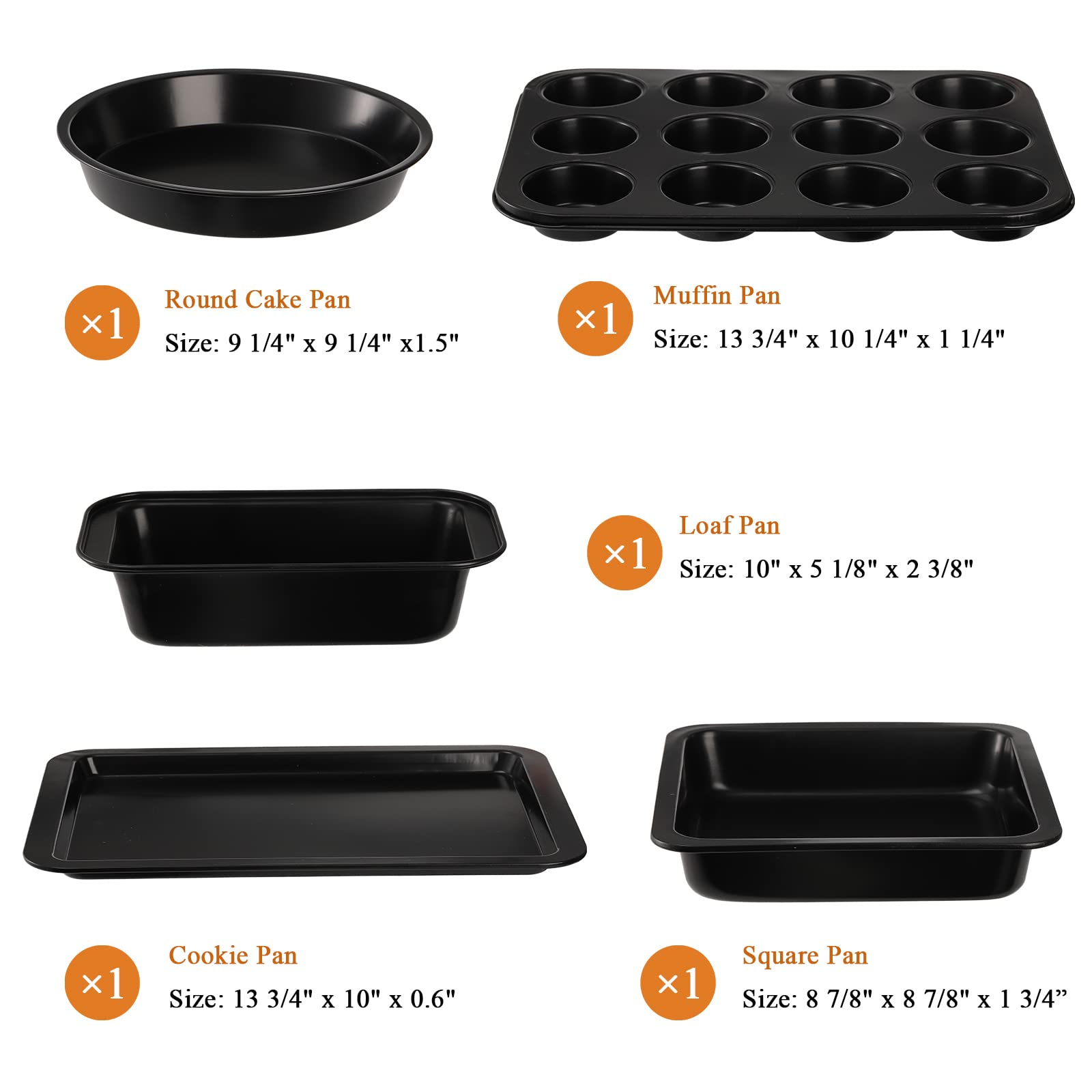 Tebery 5 Pack Nonstick Bakeware Set Includes Cookie Sheet, Loaf Pan, Square Pan, Round Cake Pan, 12 Cups Muffin Pan