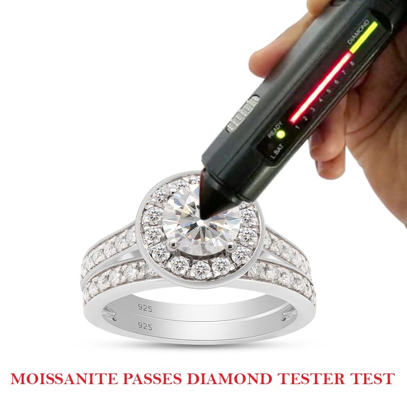 SAVEARTH DIAMONDS 14K White Gold Over Sterling Silver 1 3/4 Carat 6.5MM G-H Color Moissanite Lab Created Diamond Halo Engagement Wedding Ring Set 2 Pieces (1.75 Cttw) Ring Size-8