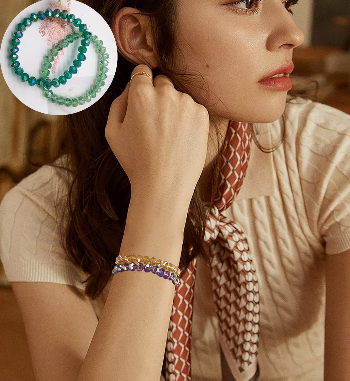 Svovin 18 Pcs Glass Beaded Bracelet Set for Women Men Elastic Stretch Versatile Statement Colorful Spark Clear Crystal Handmade Bracelets