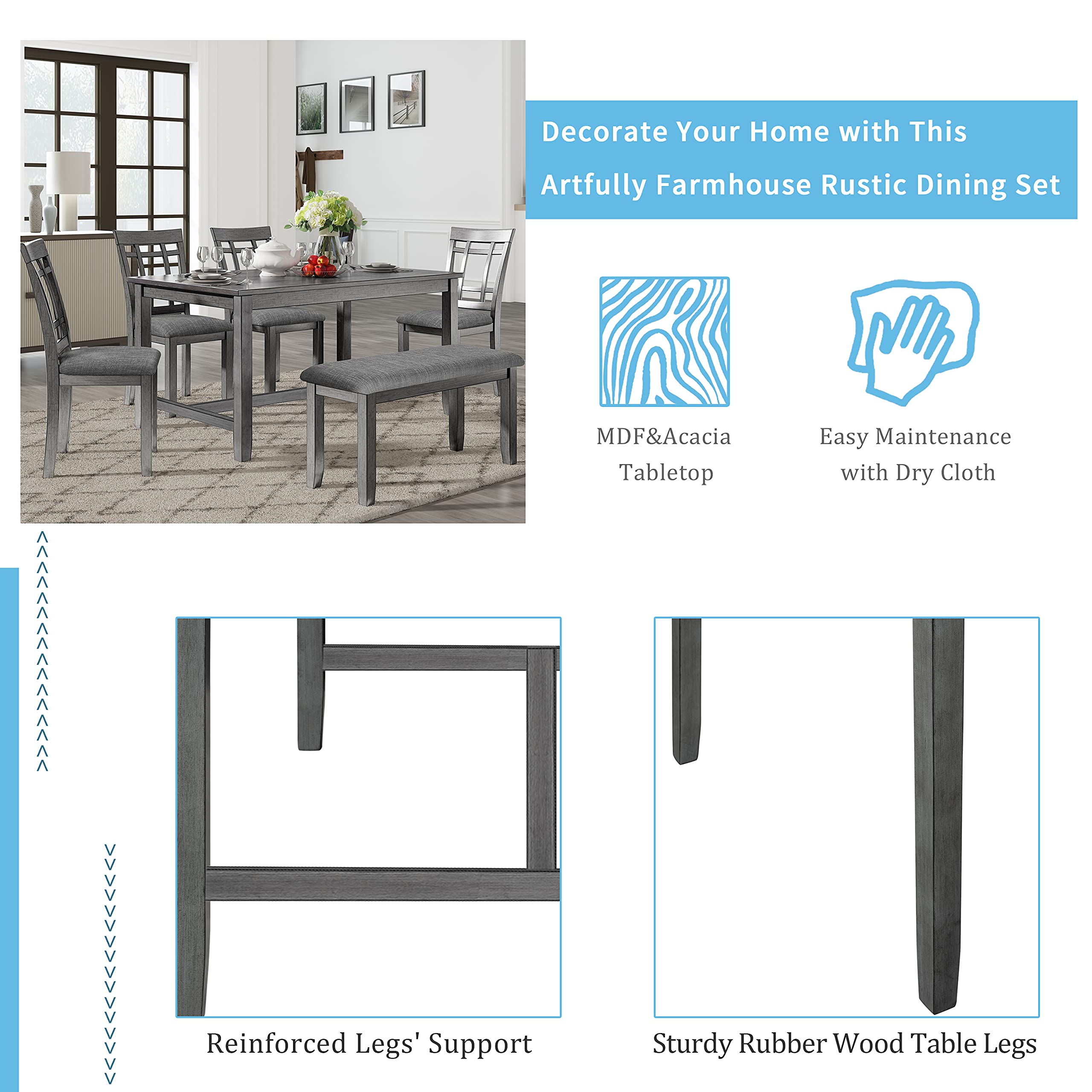 LUMISOL 6 Piece Dining Room Table Set with Bench and Chairs Upholstered Seating, Solid Wood Kitchen Dining Furniture Set Farmhouse Style
