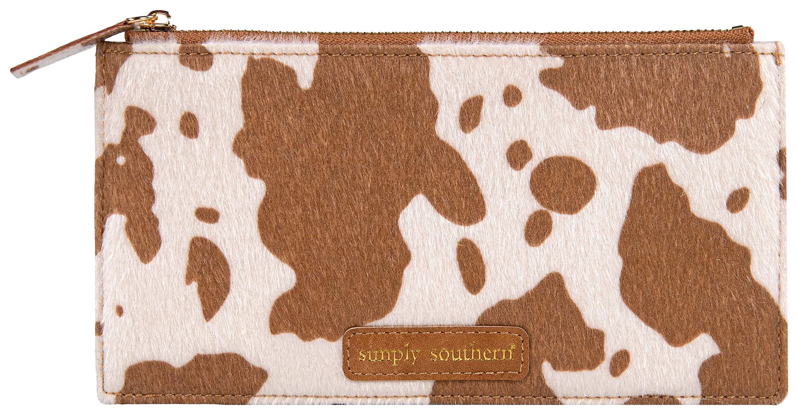 Simply Southern Leather Creme & Brown Cow Print Zip Clutch Wallet
