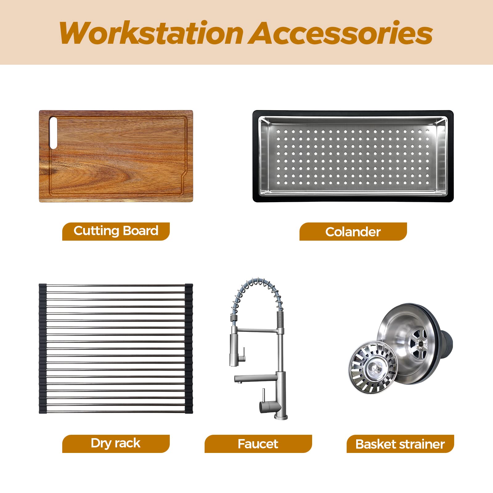TECASA Workstation Kitchen Undermount Sink, 33 inch Drop-in Sink with Faucet Combo, Dual Mount All-in-One Single Bowl Stainless Steel Sink with Integrated Ledge and Accessories (Pack of 5)