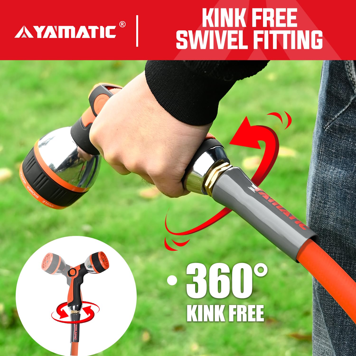 YAMATIC Heavy Duty Garden Hose 5/8 in x 50 ft with Swivel Fitting, Super Flexible Water Hose, All-weather, Lightweight, Burst 600 PSI