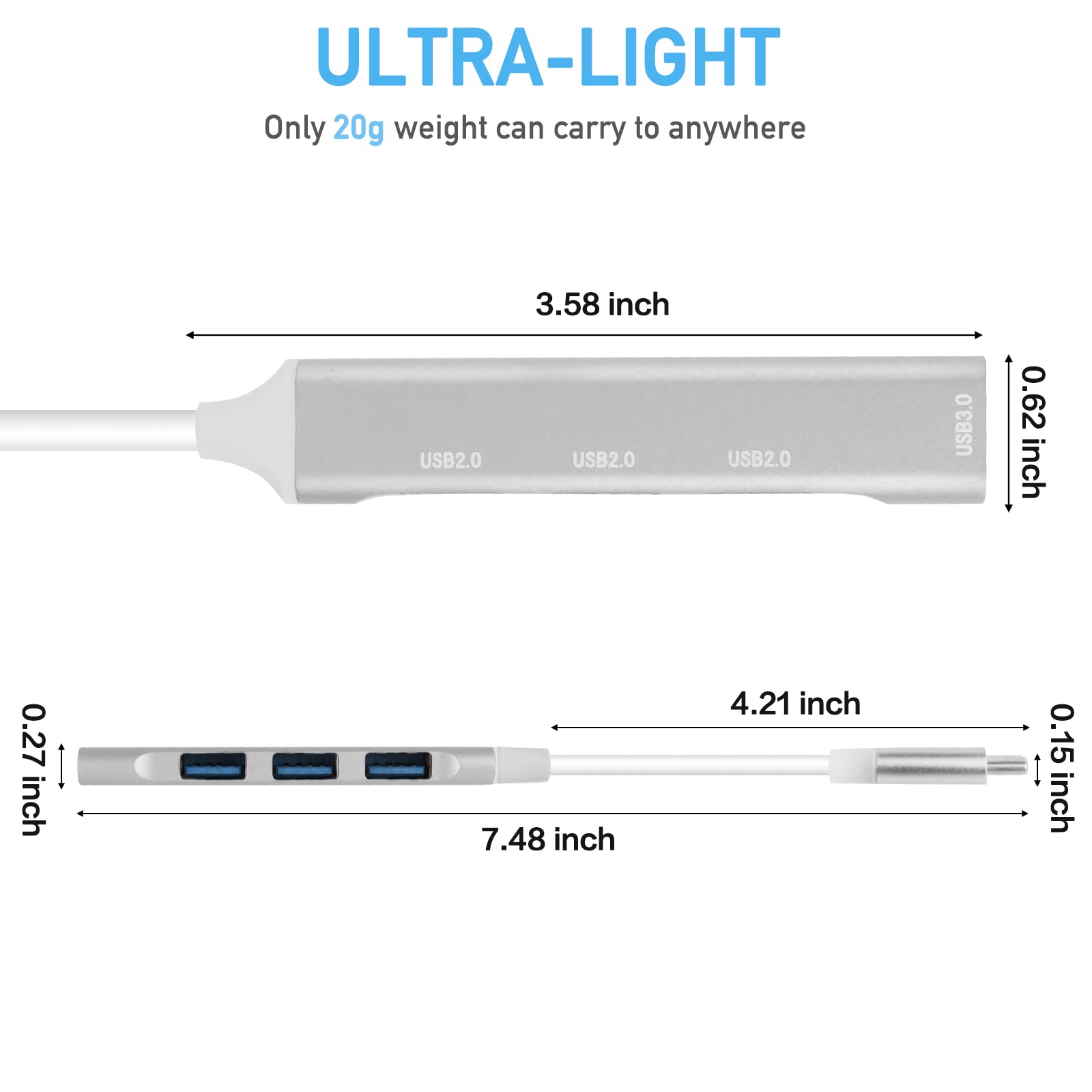 USB C Hub Aluminium Alloy USB C to USB Adapter 4-Port USB Hub Ultra-Slim Data USB Expander Fast Data Transfer USB Splitter for Laptop, Compatible with Windows PC, Mac, Printer, Mobile HDD