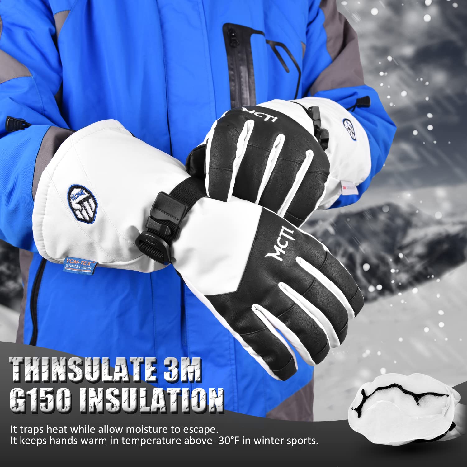 MCTi Waterproof Ski Snowboard Gloves Touchscreen PU Leather Winter Gloves with Wrist Leashes