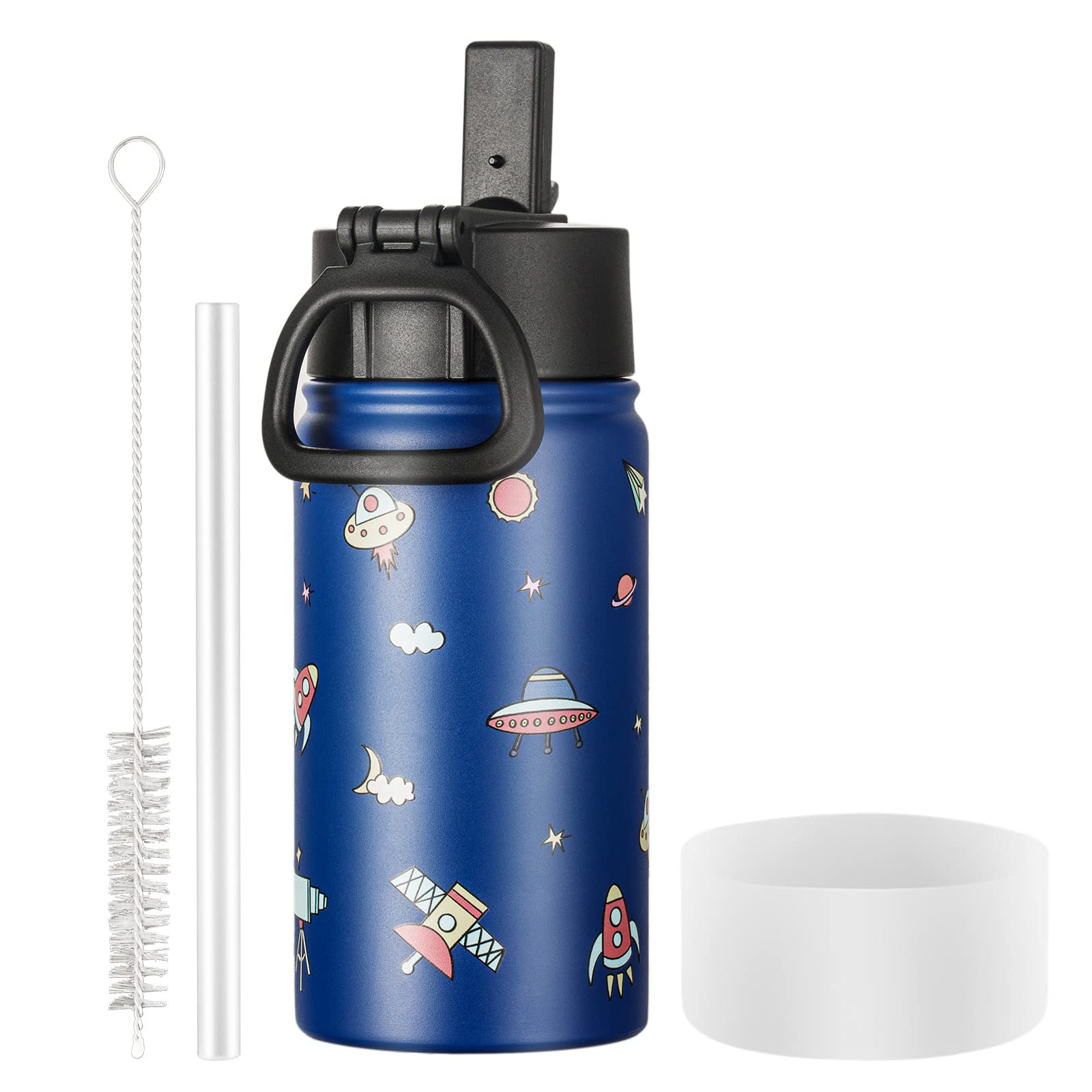 SEMOZOZO Water Bottle with Straw, Kids Water Bottle with Wide Rotating Handle Straw Lid, Wide Mouth Vacuum Insulated Stainless Steel Water Bottle for school ，The blue spaceship