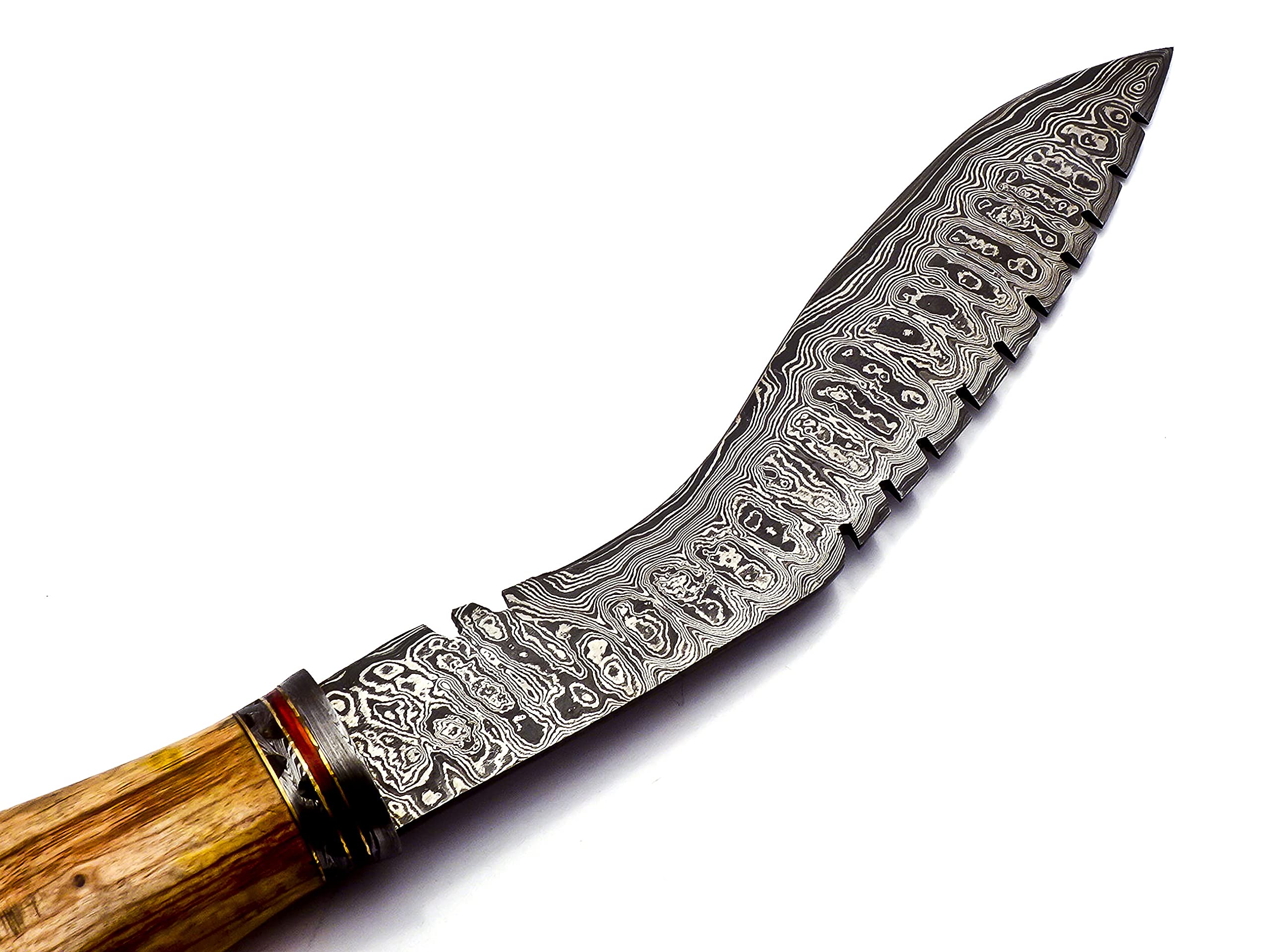 Mid American Cutlery Custom Hand Made Beautiful Damascus Hunting Knife Kukri Handle Olive Wood with Burl Wood