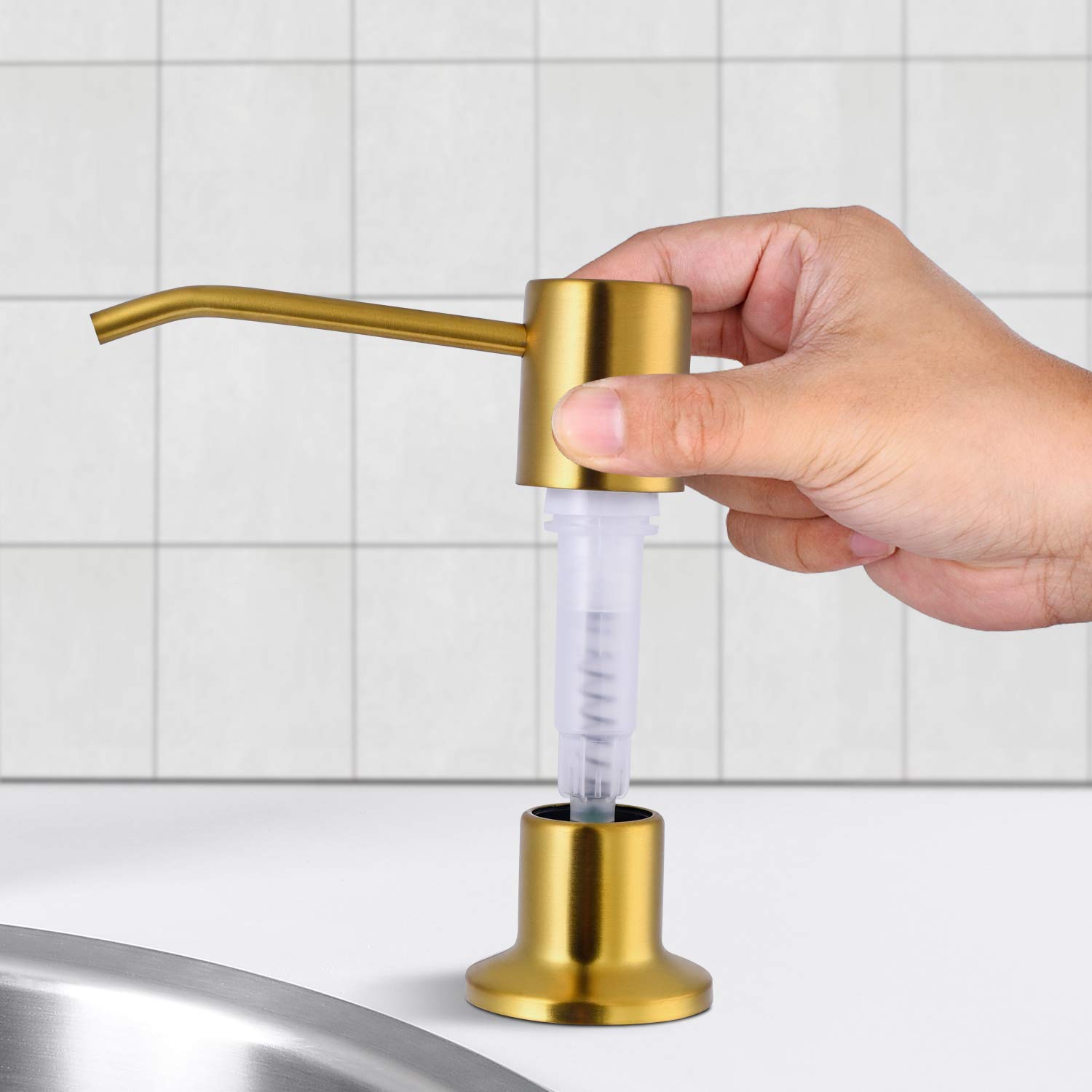 SAMODRA Soap Dispenser for Kitchen Sink, Premium Stainless Steel Pump Head 17 OZ Bottle 3.15 Inch Threaded Tube & Sink Soap Dispenser Extension Tube Kit 39" with Metal Check Valve,Upgraded Check Valve