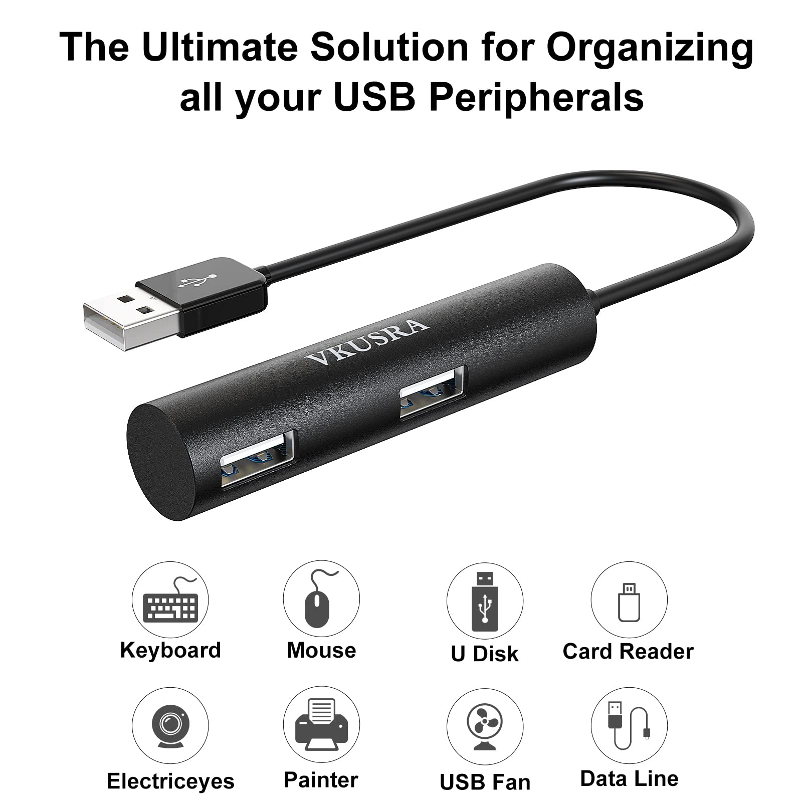 USB Hub, VKUSRA 4-Port Data USB Hub Splitter with 23.6" Long Cable, Unique Cylindrical Mini Powered USB 2.0 Ports for Laptop, PC, Computer, Flash Drive and More