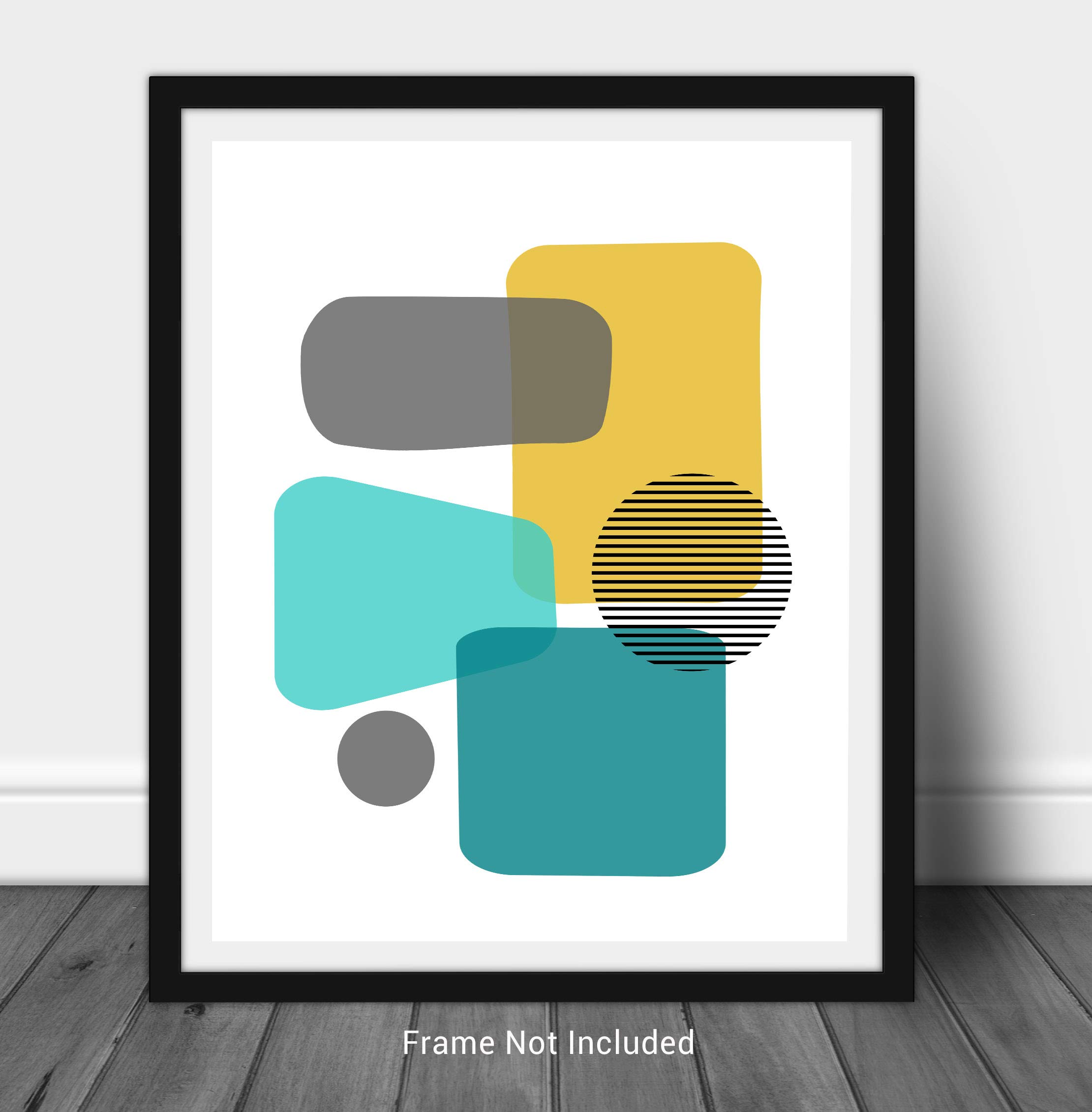 Mid Century Modern No.7 Wall Art Print - 11x14 Unframed Abstract Scandinavian Decor. Shades of Grey, Mustard Yellow, Teal & Aqua Blue on White.