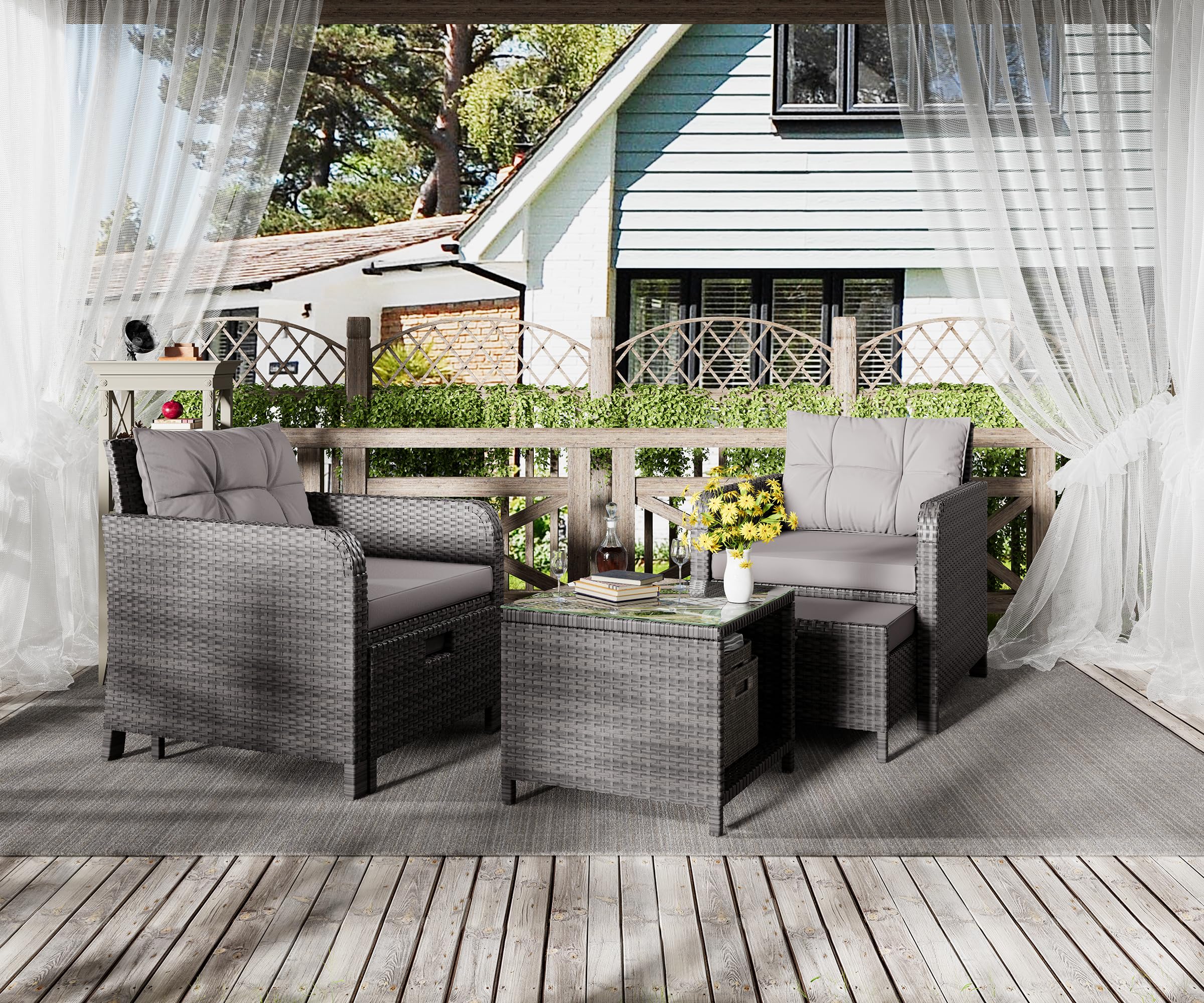 LHBcraft Balcony Furniture 5 Piece Patio Conversation Set, PE Wicker Rattan Outdoor Lounge Chairs with Soft Cushions 2 Ottoman&Glass Table for Porch, Lawn-Grey Wicker (Grey-Grey)
