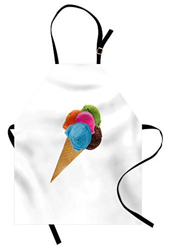 Lunarable Ice Cream Apron, Realistic Colorful Scoops on a Waffle Cone Various Flavors with Rich Creamy Taste, Unisex Kitchen Bib with Adjustable Neck for Cooking Gardening, Adult Size, Blue Pink