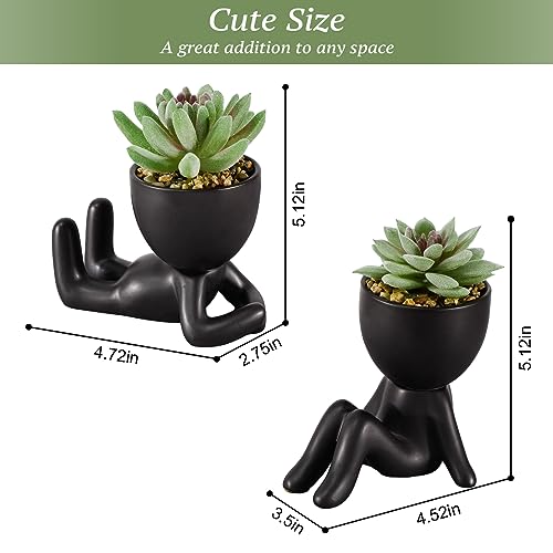 Yastouay 2 Pack Fake Succulents Plants Artificial Succulents Cute Faux Succulents in Black Human Shaped Pots Office Desk Decor for Women