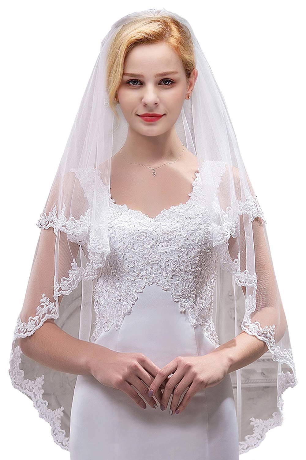 MisShow Women's Short 2 Tier Tulle Sheer Lace Wedding Bridal Veil with Comb,Ivory