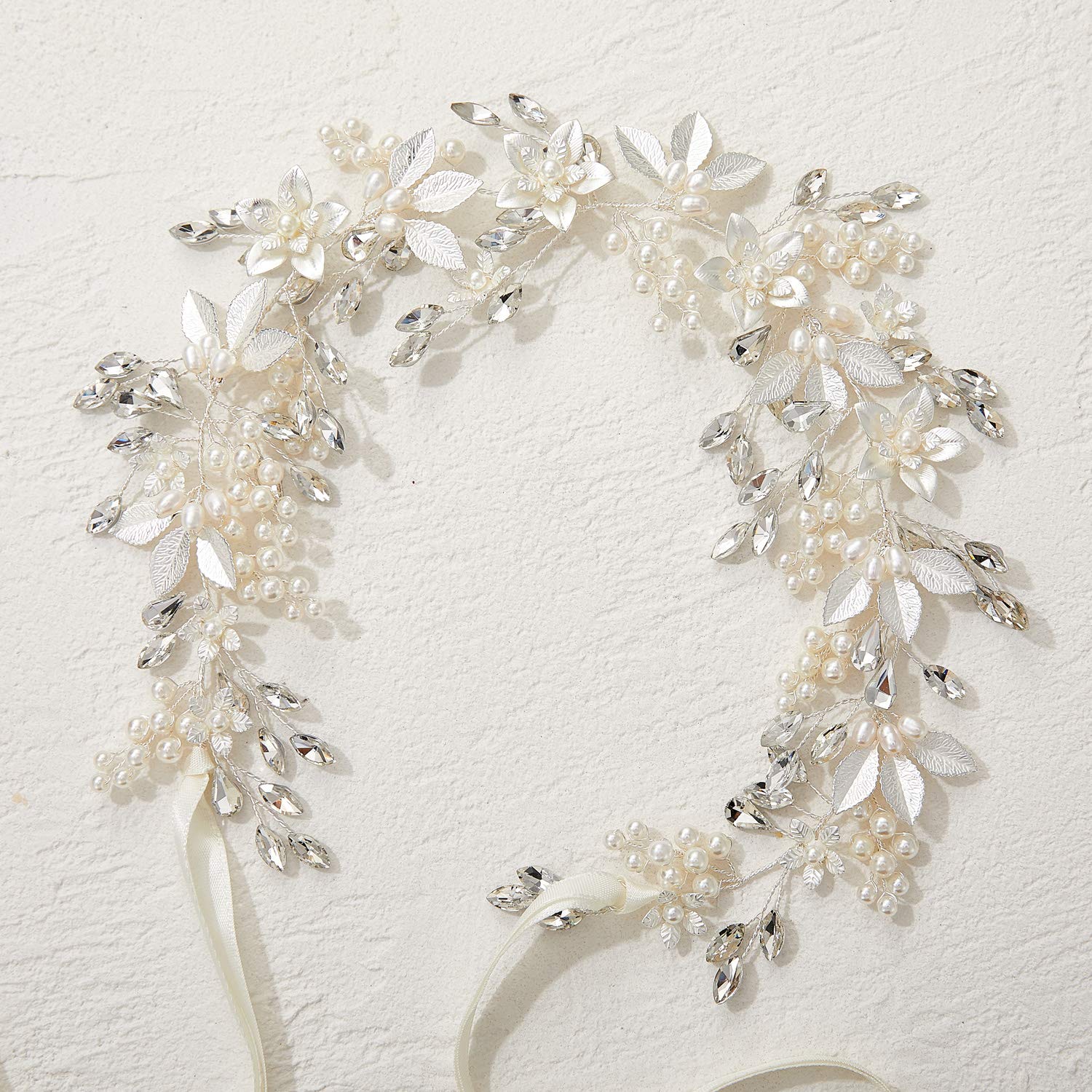 SWEETV Handmade Rhinestone Wedding Headband Flower-Leaf Bridal Headpieces for Wedding Pearl Hair Accessories (Silver)