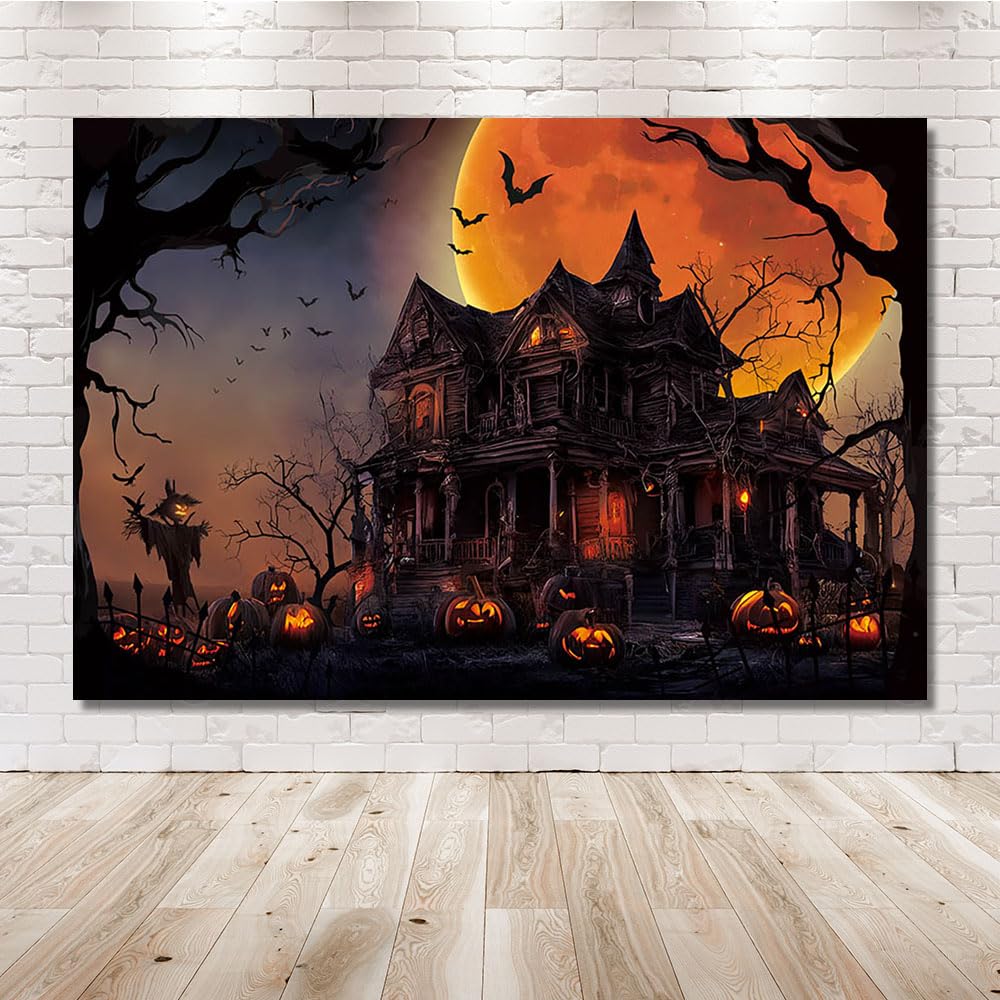 MEHOFOND 10x7ft Scary Halloween Backdrop Moon Night Full Moon Bat Scary Pumpkin Horrible Halloween Background Gloomy Woods Trees Flying Bats Scary Crows Party Decoration Banner Props