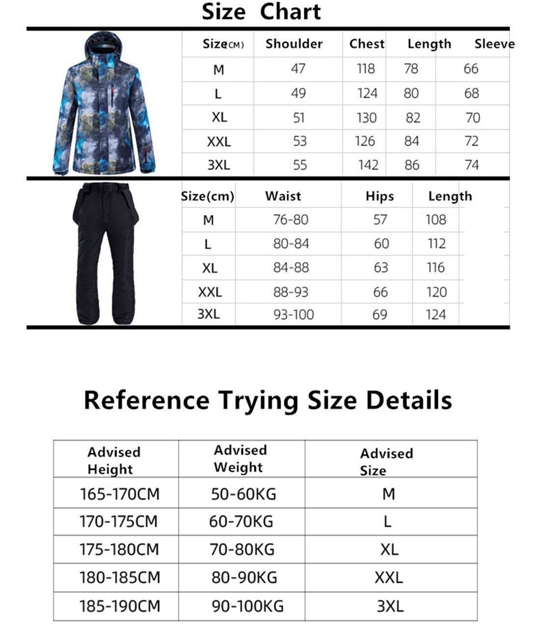 Mens Ski Jacket and Pants Set Outdoor Waterproof Snowboarding Suit