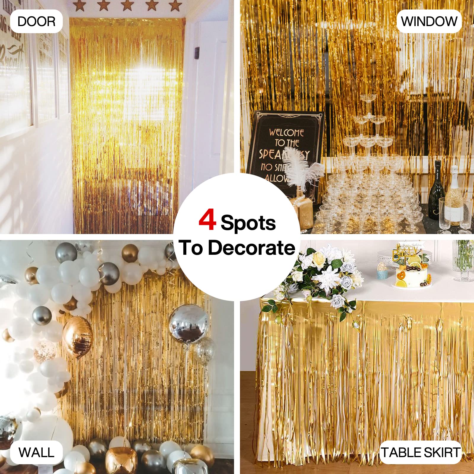 PartyWoo Foil Curtain Gold, 2 pcs 3.3x6.6 ft Gold Streamers, Tinsel Curtains, Fringe Backdrop, Tinsel Backdrop for Birthday Party, Christmas Photo Backdrop