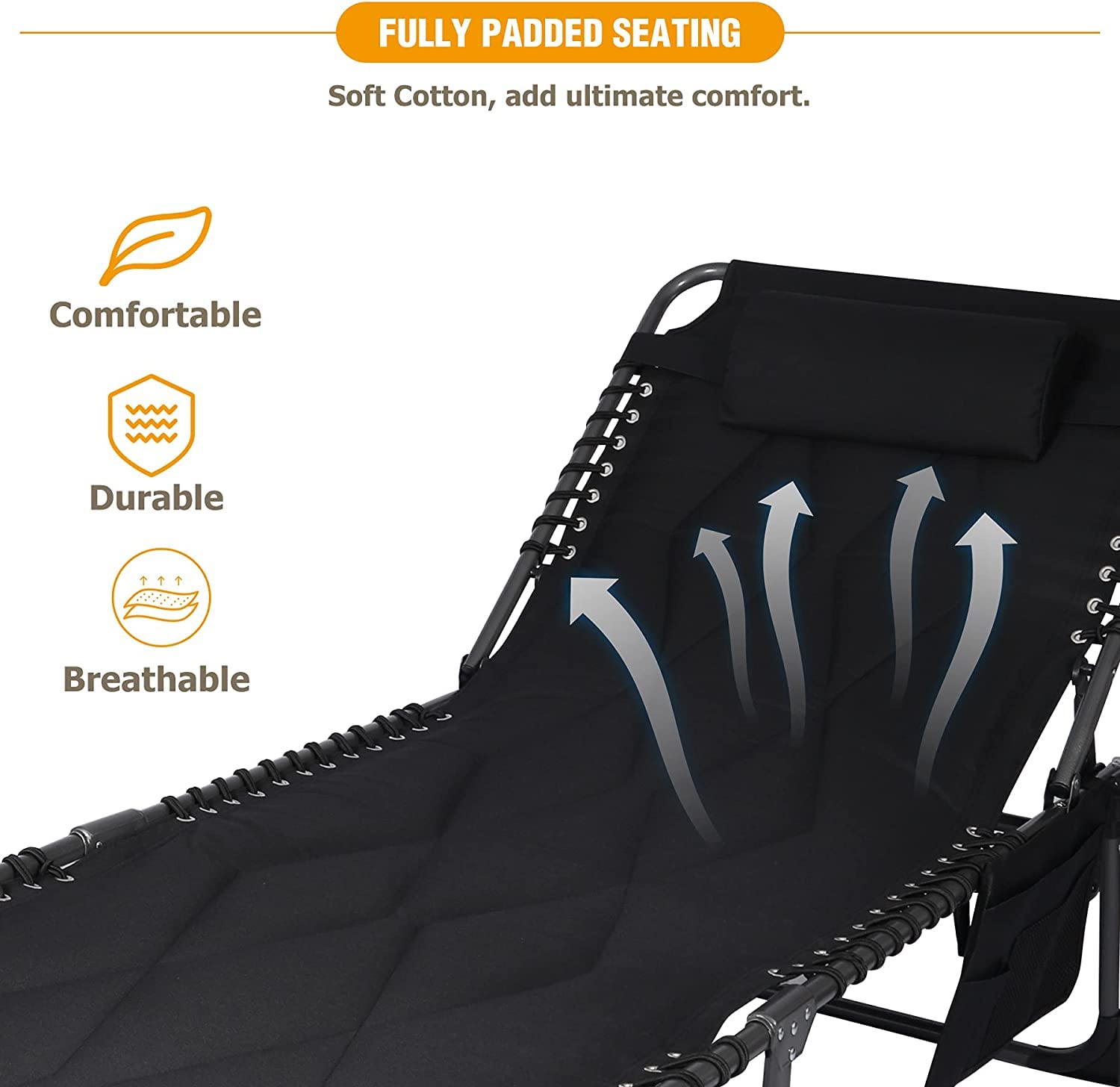 RedSwing Folding Sleeping Cot with Cotton for Adults, Extra Wide 4-Position Adjustable Folding Chaise Lounge Chair with Pillow, Outdoor Portable Camping Cot for Travel Beach Patio, 79"×27" Black