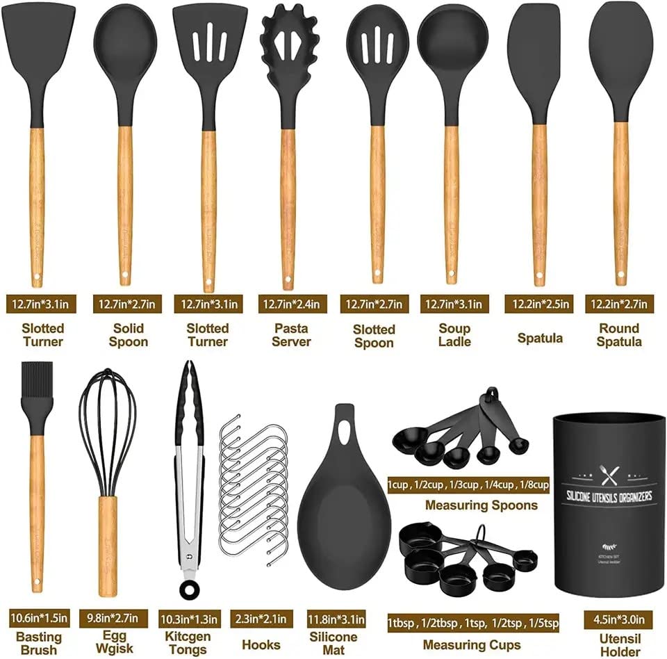 Kitchen Utensil, Cooking utensils, Cookware Set, 33-Piece, Kitchen, Cooking, Wooden Handle, Silicone Kitchen Products, Nonstick Heat-Resistant, Cookware Tools, Kitchen Gadgets, (Black)