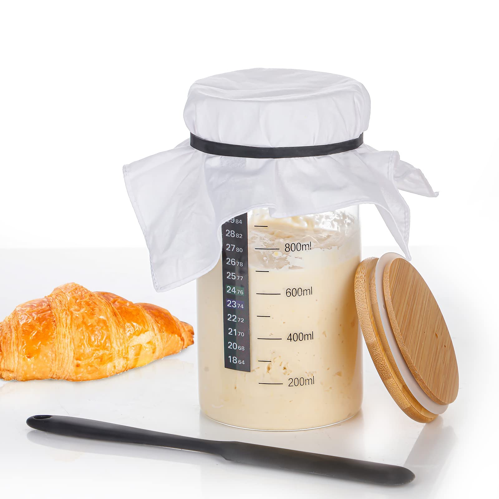 MFANBLAS Sourdough Starter Jar, 40oz Wide Mouth Sour Dough Starter Container with Thermometer, Scraper, Bamboo Lid & Cloth Lid, Sourdough Starter Kit as Sourdough Bread Baking Supplies