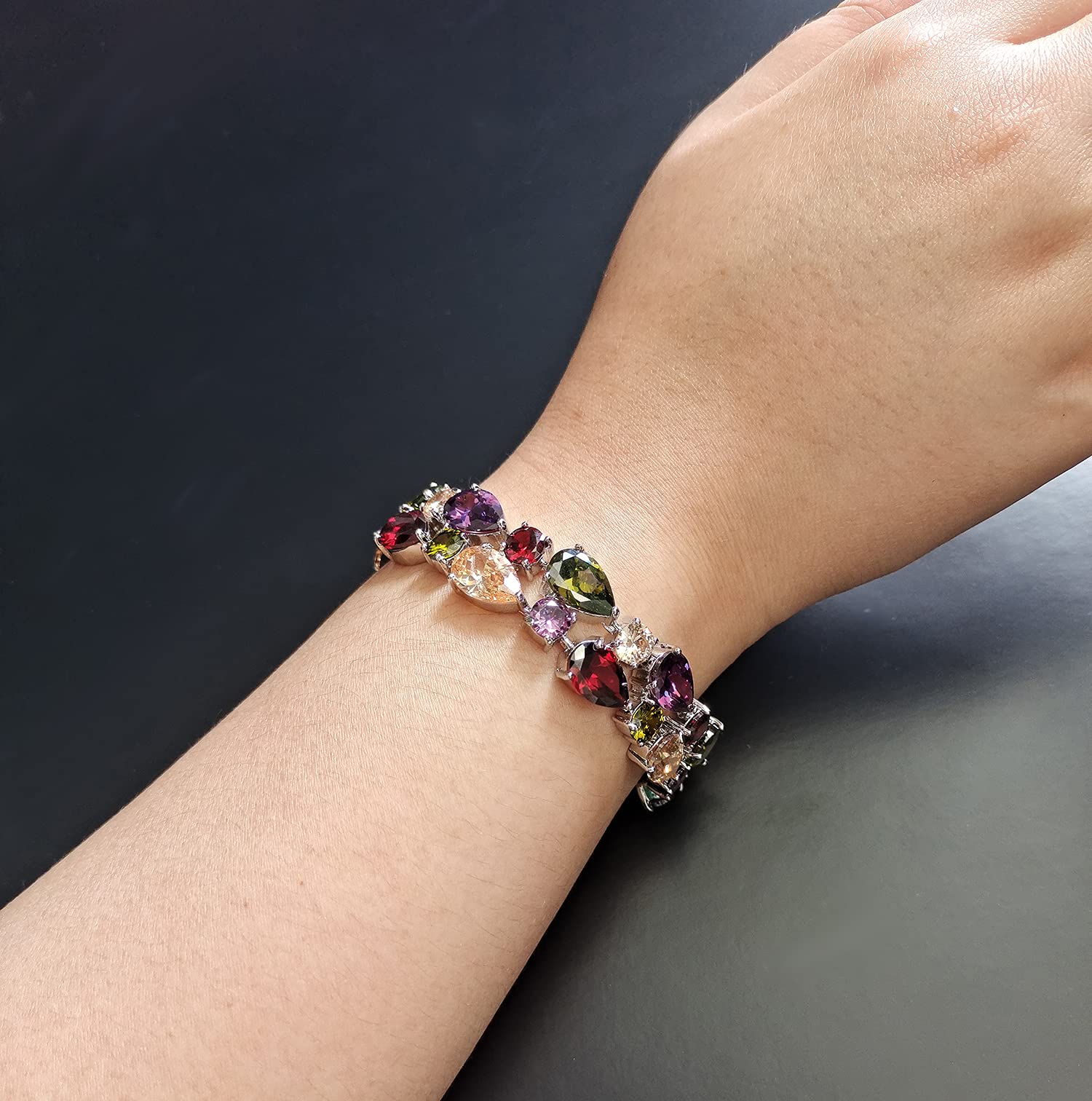 Orglace Classic Ladies Bracelet,Simulated Birthstone,Created Garnet Amethyst Morganite Peridot,White Cubic Zirconia for Women