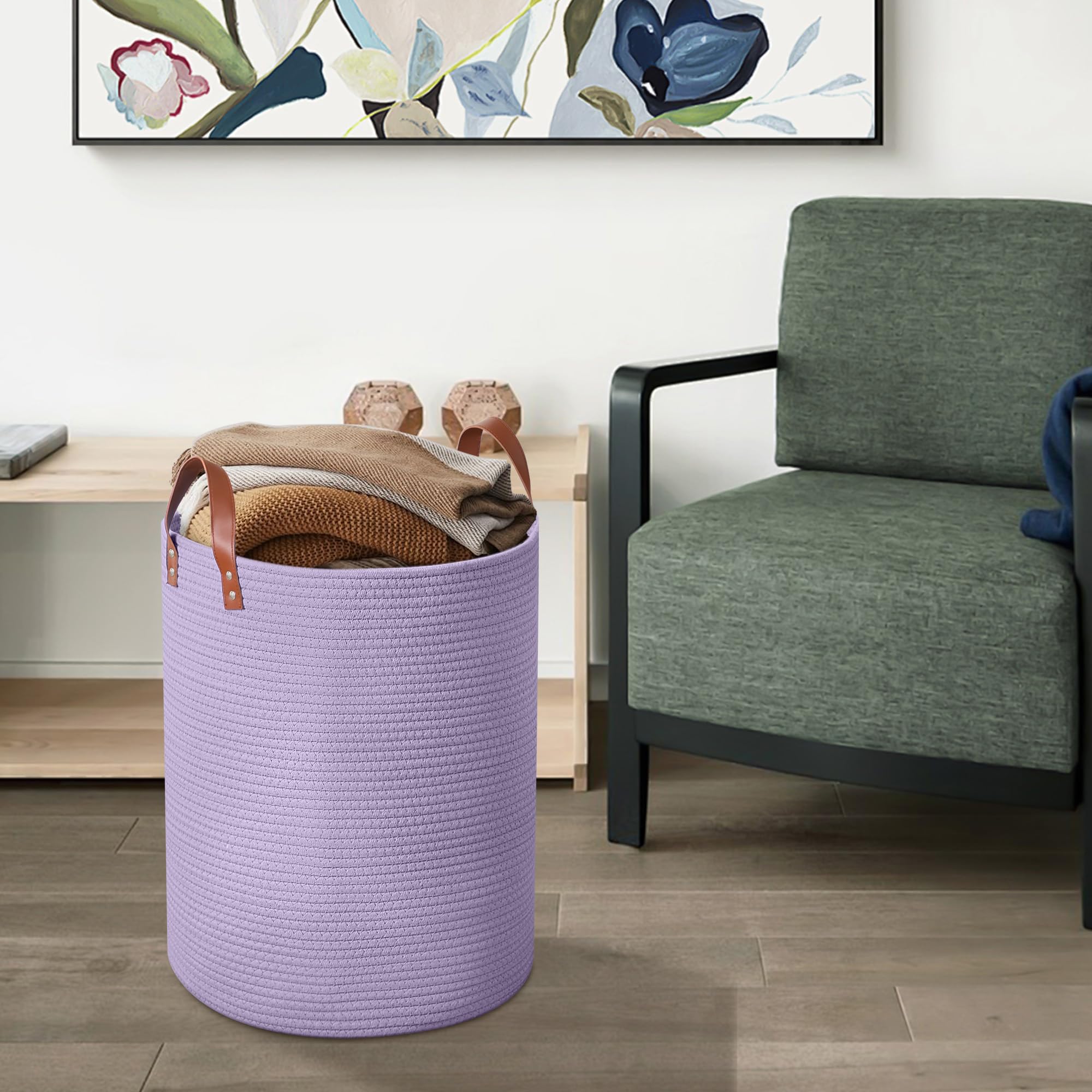 wymulot 80L Large Rope Basket, Woven Rope Storage Basket with Leather Handles, Dog Toy Storage Basket, Bedroom, Nursery Blanket Storage, Bathroom Laundry Basket, 16βx20β Tall Rope Basket (Purple)