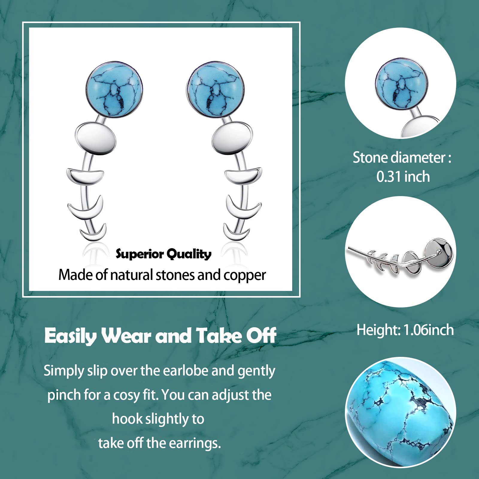 Moon Earrings Ear Wrap Climber Crawler Hook Earrings Moon Phase Silver Ear Cuffs for Women Blue