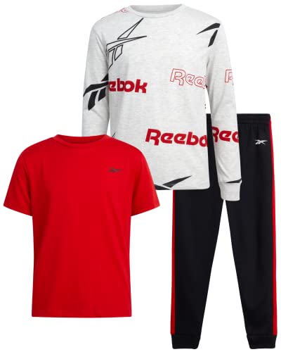 Reebok Boys' Active Jogger Set - 3 Piece Long Sleeve Shirt and Sweatpants - Performance Fleece Tracksuit for Boys (8-12), Size 8, Black Grindel