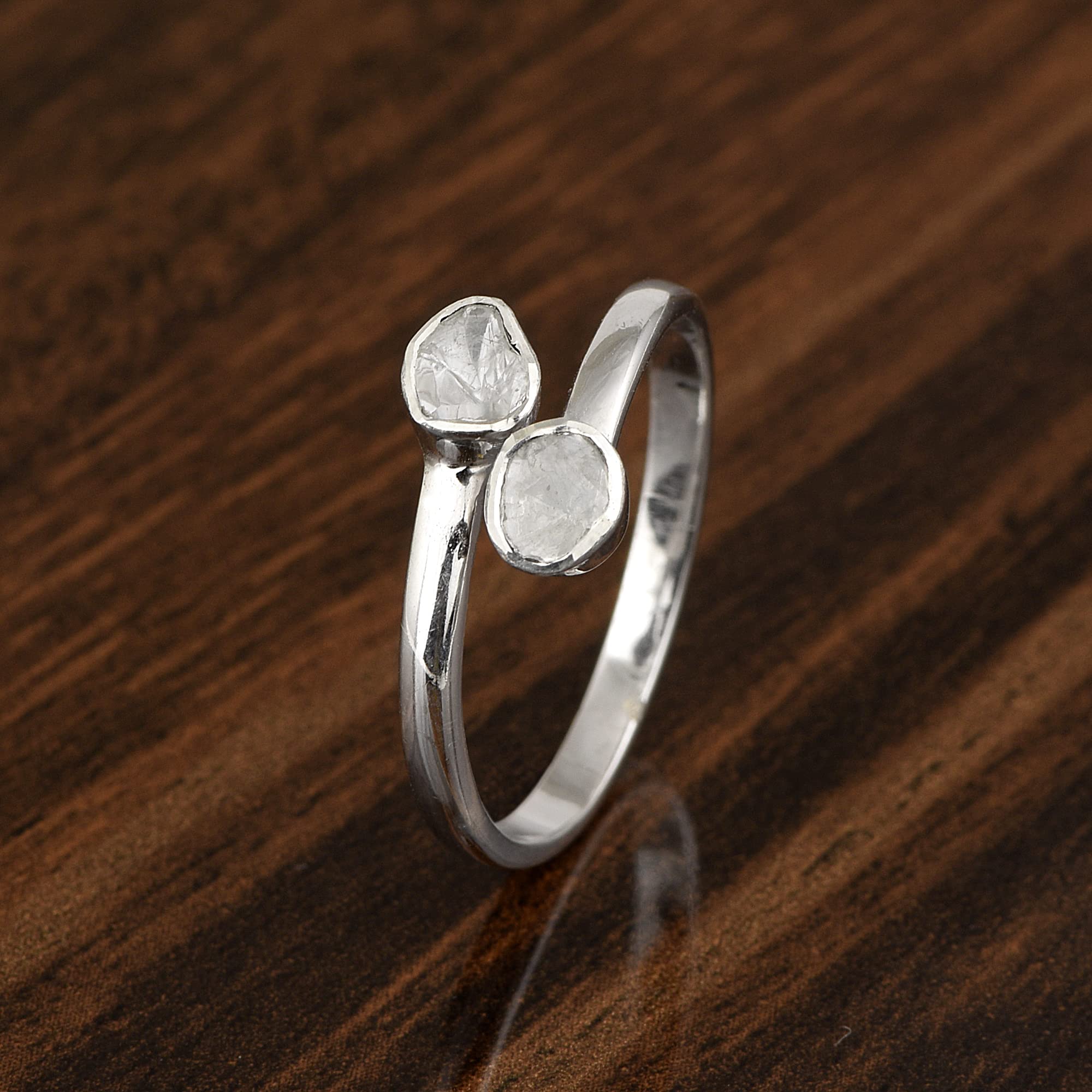 MOONEYE 0.35 CTW Natural Slice Polki Diamond Bypass Women Ring 925 Sterling Silver White Gold Plated (6)