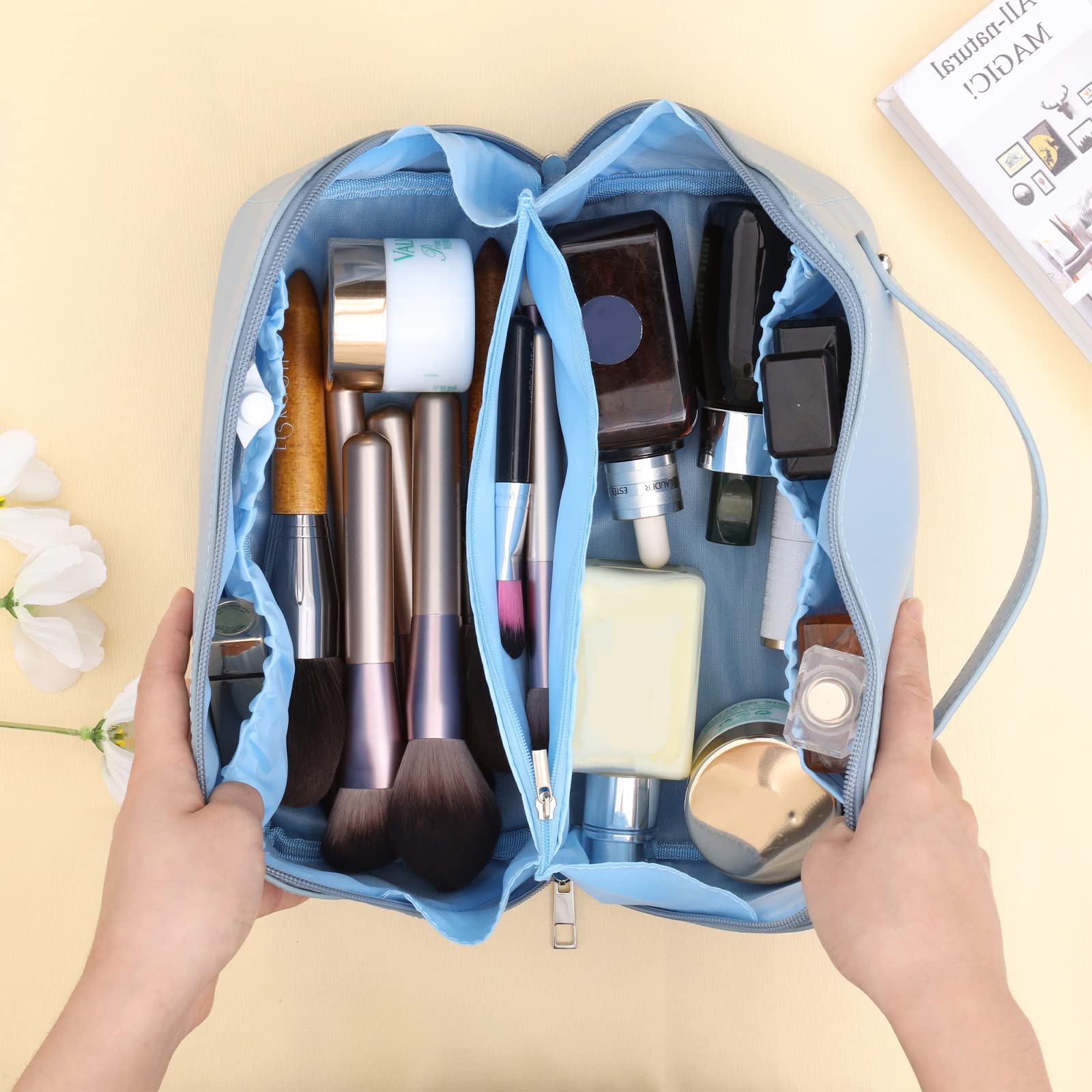 WUSHENG Makeup Bag Large Capacity Waterproof Open Flat Travel Make up Organizer Bag Portable PU Leather Everything Cosmetics Bag for Woman (Light Purple)