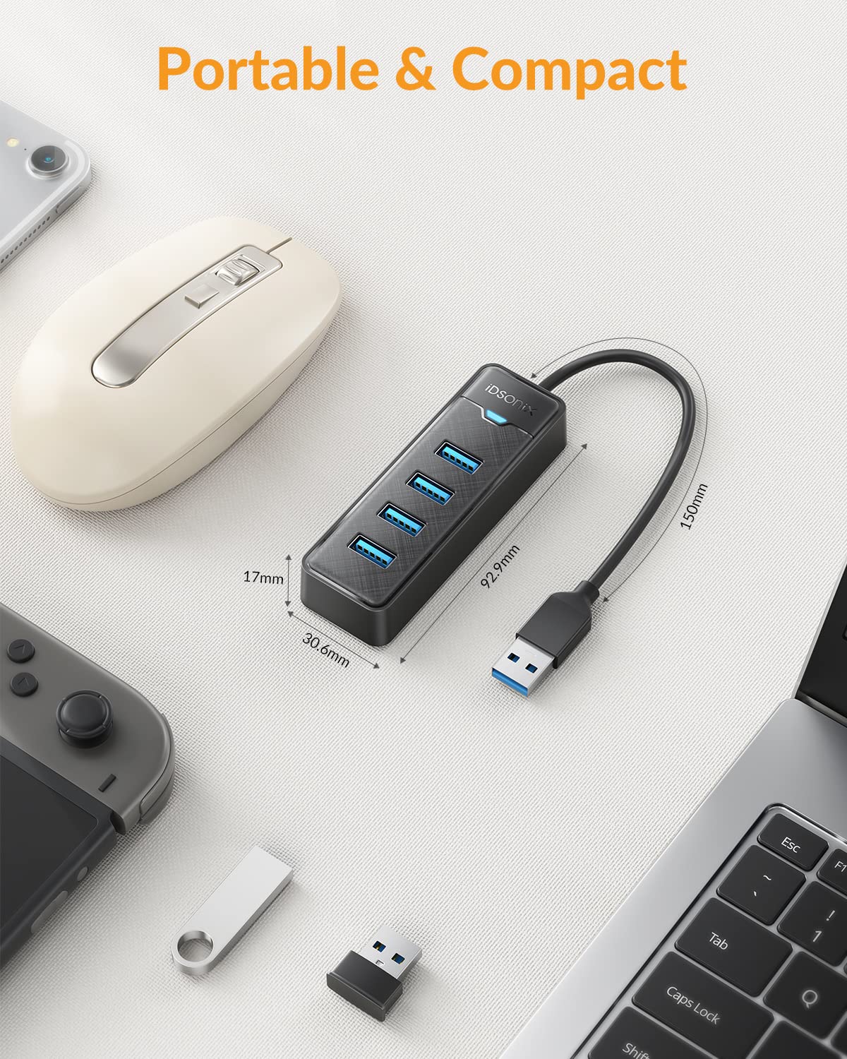 USB C Hub, iDsonix 4-Port USB C Hub 3.0 for Laptop, Portable Travel USB Hub 3.0 with LED Indicator for MacBook, Mac Pro/Mini, iMac,Linux, Windows, Mac OS, LinuxFlash Drive, HDD