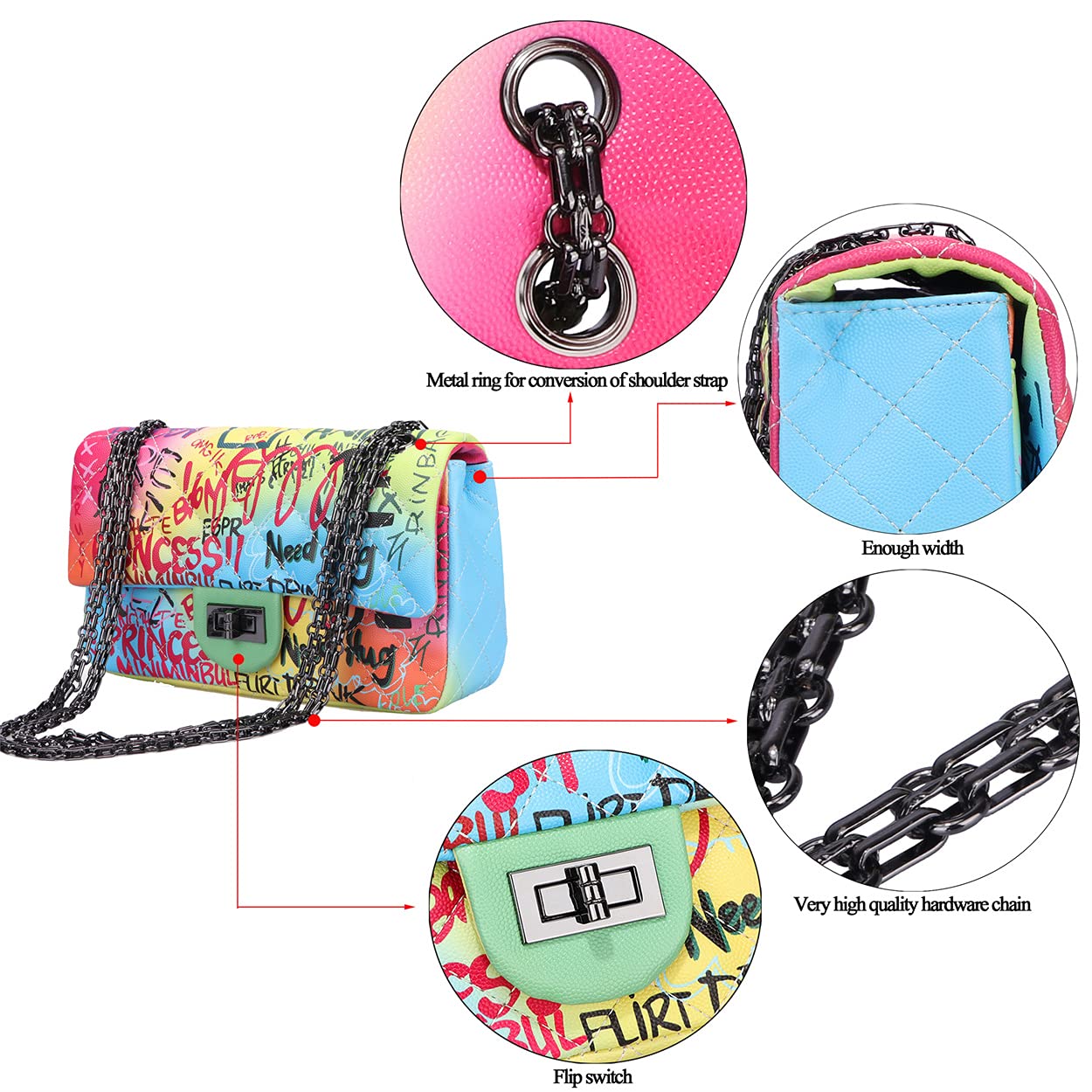 Scioltoo Shoulder Handbags for Women Small Cute Bright Rainbow Multicolor Clutch Purses Graffiti Evening Bag with Zipper and Long Strap Blue