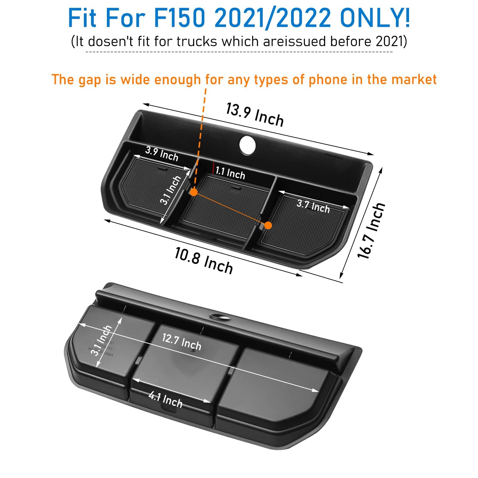 Moonlinks F150 Dashboard Organizer Tray Compatible with Ford F150 Center Console 2021 2022,Dashboard Storage Tray Phone Mount,ABS Tray Organizer with 3 Anti-Slip Rubber Pad,Black