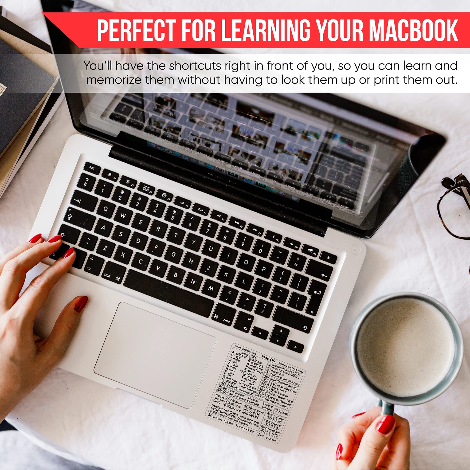 SYNERLOGIC Mac OS (Sonoma/Ventura/Monterey/Etc) Keyboard Shortcuts, M1/M2/M3/Intel No-Residue Clear Vinyl Sticker, Compatible with 13-16-inch MacBook Air and Pro