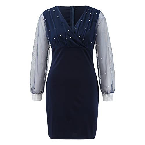 Pinkpaopao Sequins Mesh Long Sleeve Party Dress Women's Wrap V Neck Solid Color Loose High Waist Dress