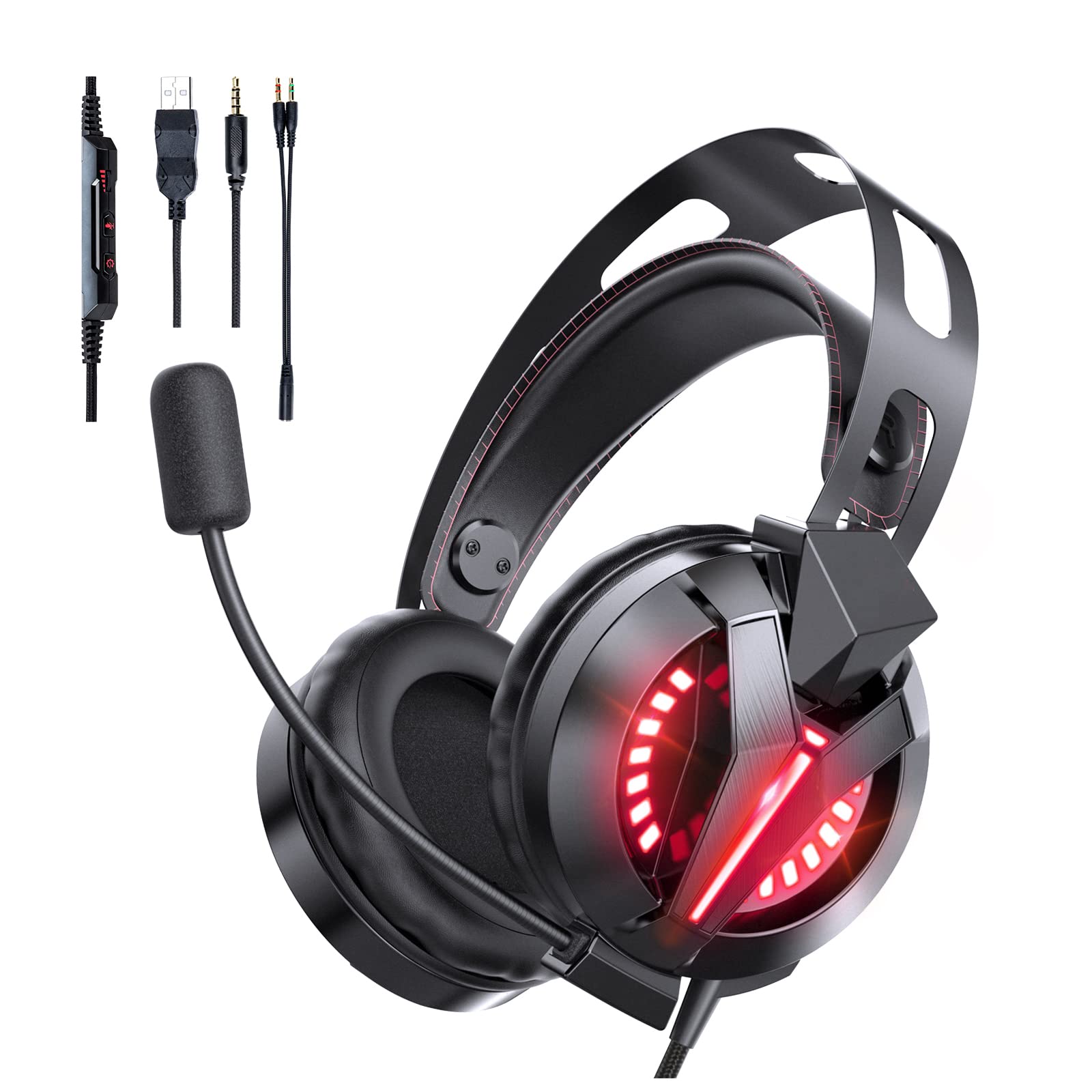 ONIGAL Gaming Headset with Microphone for Mac, PC Gaming Headphones Double Head Beam Suspended Soft Soft Memory Earmuffs, 7.1 Surround Sound Wired Headset LED Light for PS5, PC, PS4, Mac, Laptop