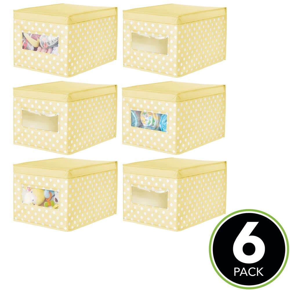 mDesign Large Soft Stackable Fabric Baby Nursery Storage Organizer Holder Bin Box with Front Window/Lid for Child/Kids Bedroom, Playroom, Classroom, Lido Collection, 6 Pack, Lt Yellow/White Polka Dot