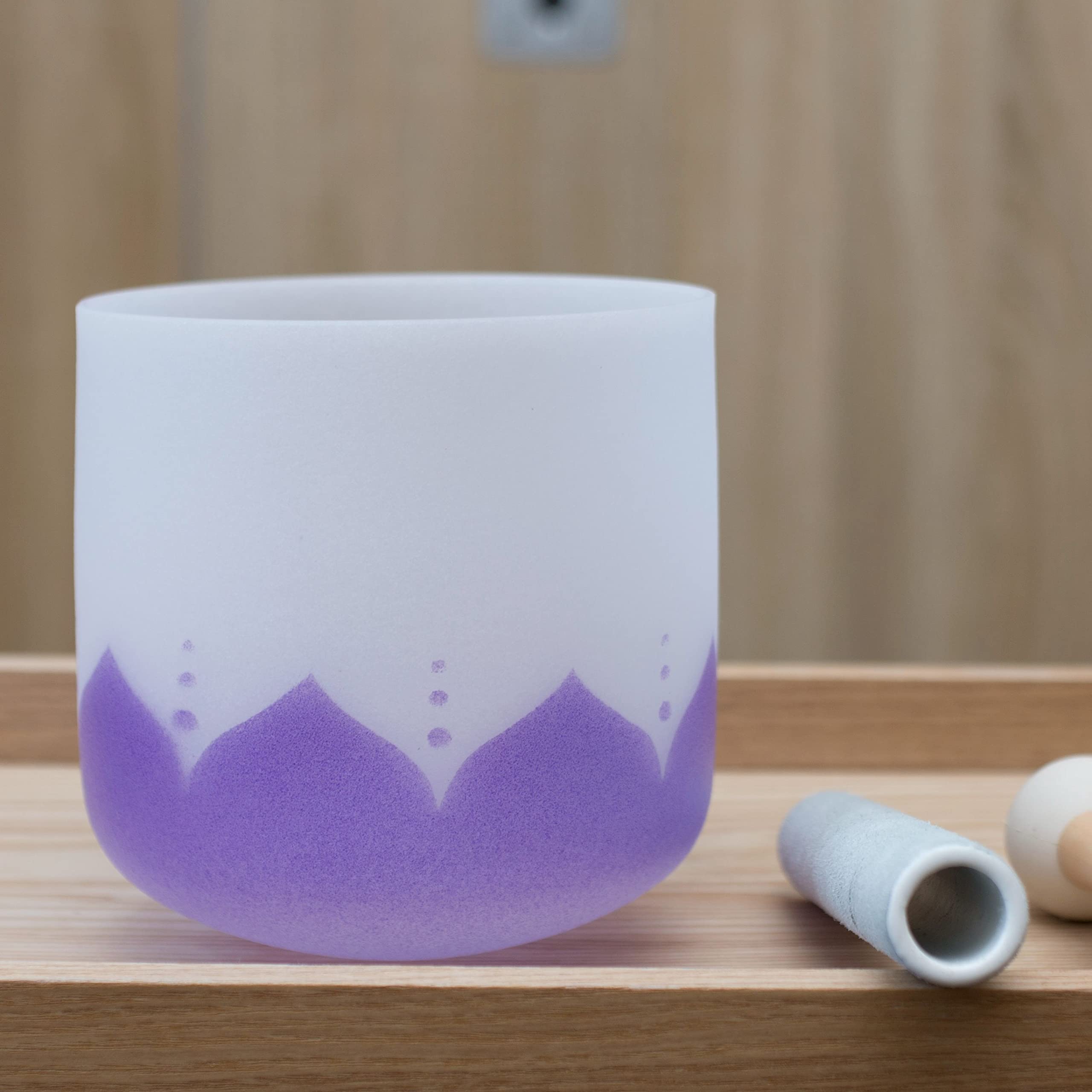 Leize Quartz Crystal Singing Bowl 432hz B Note Crown Chakra Violet Lotus Design 6" Wide with Suede Striker