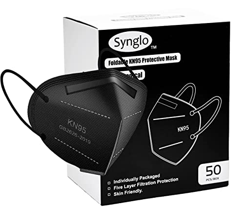 SYNGLO KN95 Black Face Masks, Pack of 50, Individually Wrapped, 5-Ply Breathable Safety Mask, Filter Efficiency≥95%, Suitable For Home, Work, Restaurants, Outdoors.