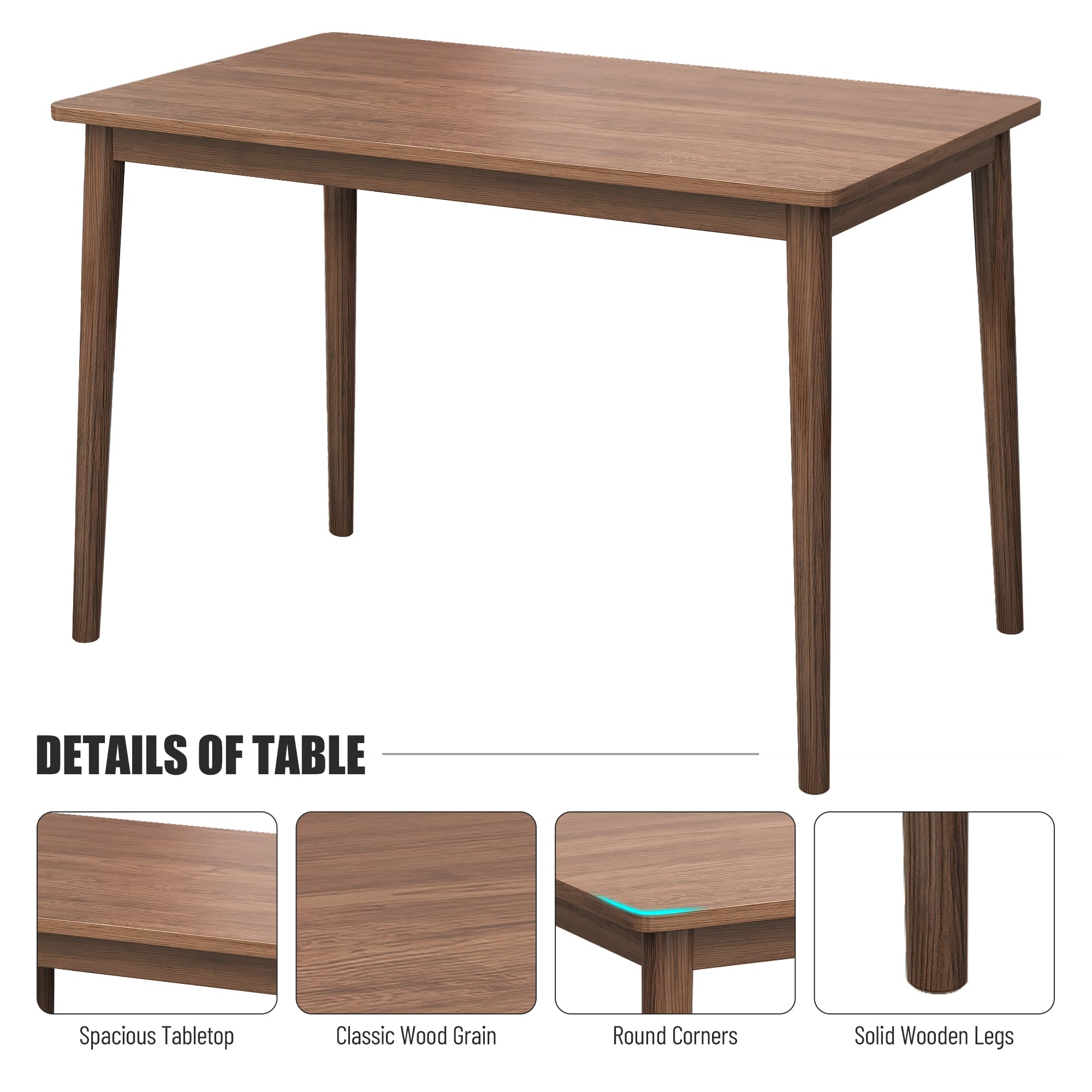 Lepfun 5 Pieces Modern Set with 1 Rectangular Chairs Fabric Cushion for 4,All Rubber Wood Table for Dining Room,Kitchen and Small Space,Walnut and Grey