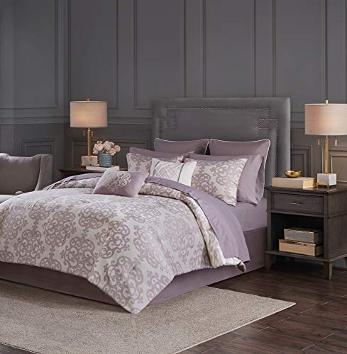 Madison Park Essential Madeline Cozy Bed in A Bag Comforter with Bonus 2 Complete Sheet Set, Jacquard Medallion Damask Design, All Season Cover, Decorative Pillow, Queen(90"x90"), Purple