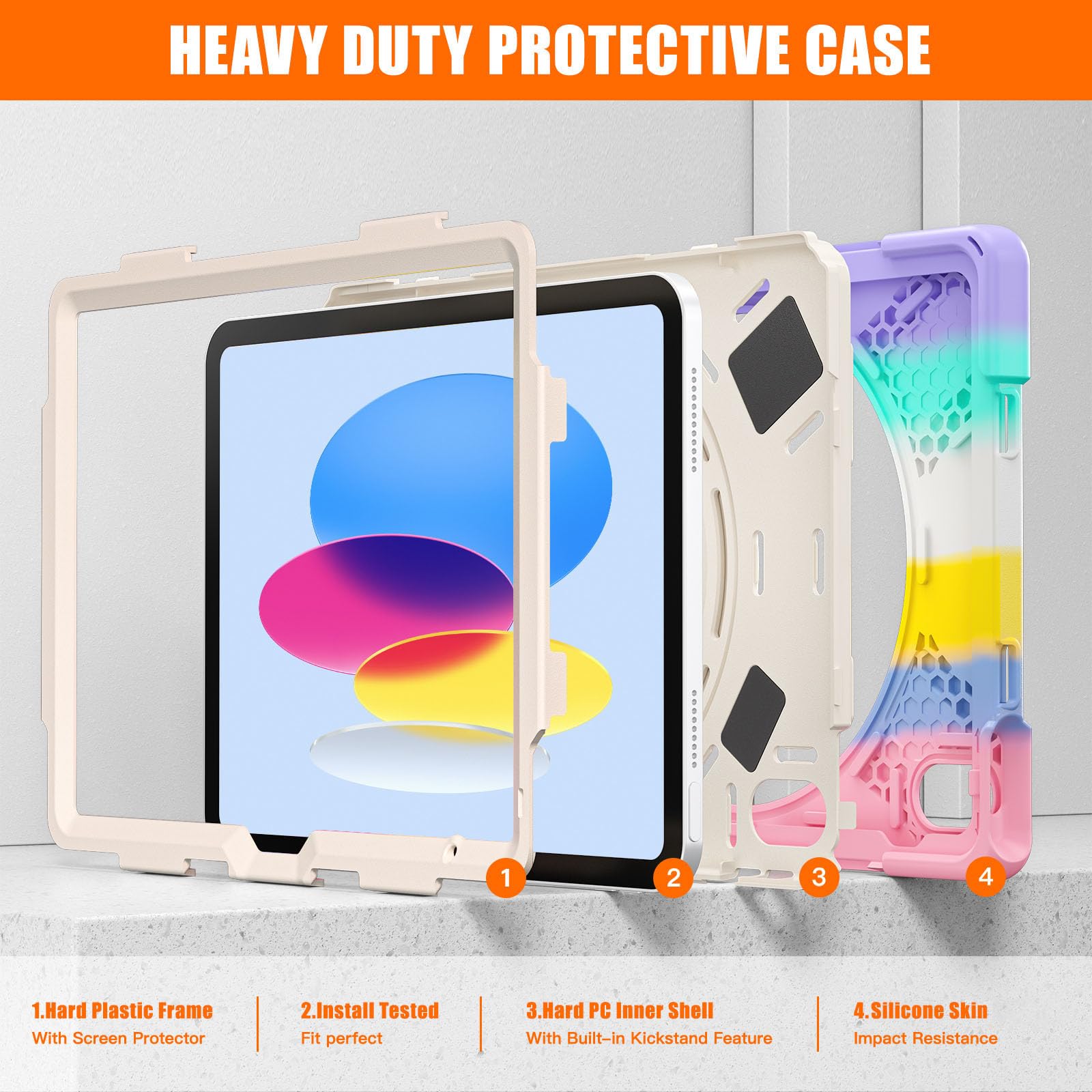 Weuiean Case for iPad 10th Generation 10.9β with Stylus, Military Grade Heavy Duty Shockproof Cover -Pencil Holder -Rotating Stand -Hand/Shoulder Strap - Colorful Pink