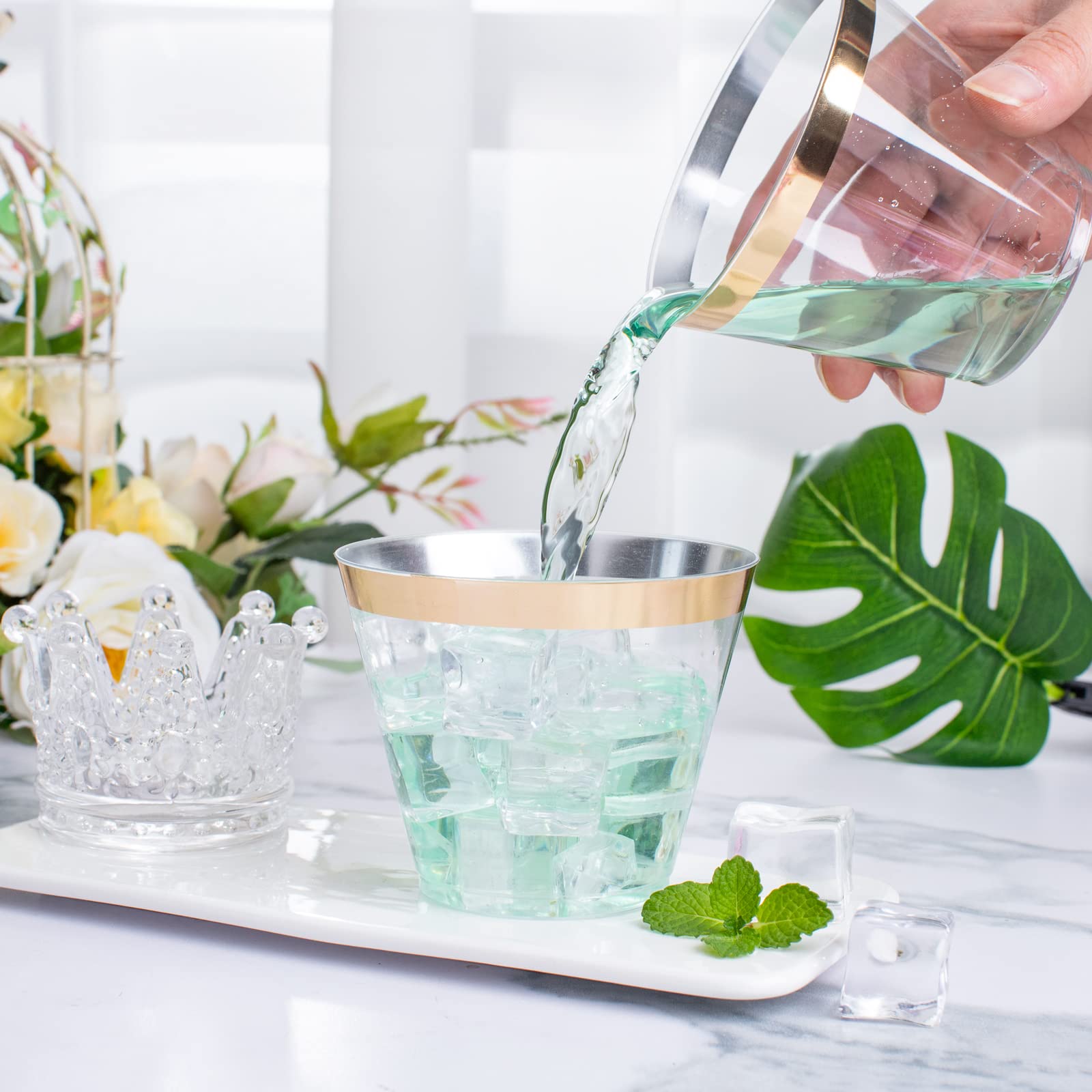 LUODA 150 PACK Gold Rimmed Plastic Cups - 9OZ Disposable Plastic Cups Tumblers, Clear Fancy Weddings Cups, Elegant Party Cups with Gold Rim