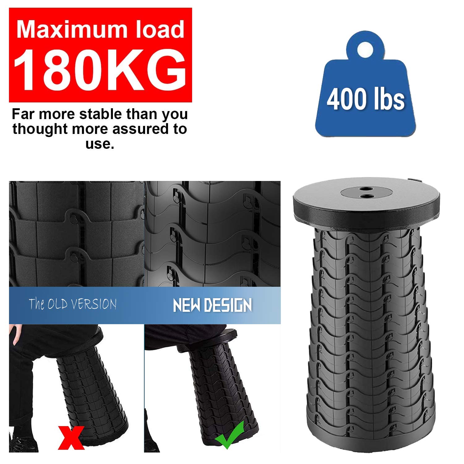 R&D FUTURE 2023 Upgraded Telescopic Stool, Lightweight Seat with 400lbs Load Capacity, Collapsible Stool for Indoor, Outdoor, Retractable Folding Stool, Portable Telescoping Stool for Adults (Black)