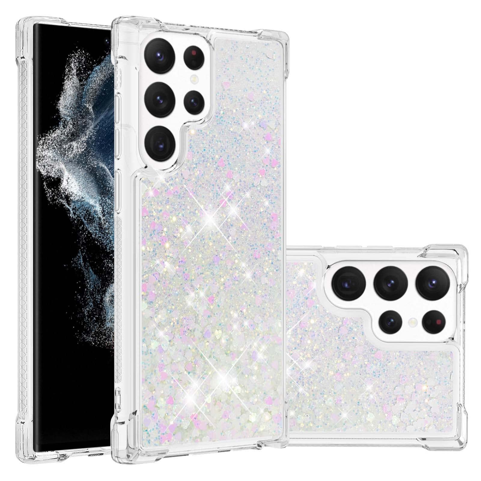 LEMAXELERS Compatible with Samsung S22 Ultra Case, Bling Glitter Liquid Case Floating Quicksand Shockproof Protective Sparkle Silicone Soft TPU Case for Samsung Galaxy S22 Ultra. YBL Love Silver Pink