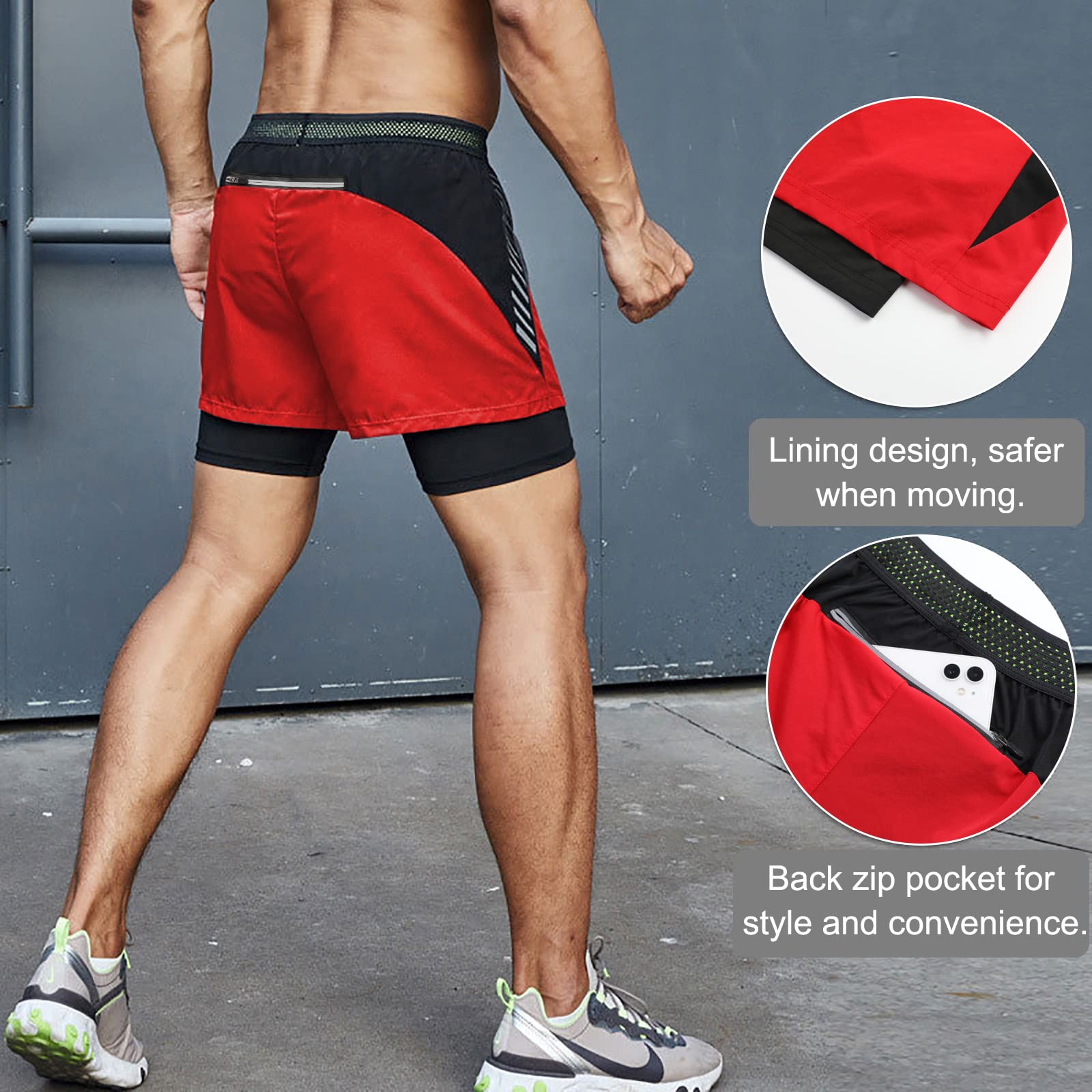 Surenow Men's 2 in 1 Running Shorts, 5" Workout Breathable Shorts, Quick Dry Gym Training Jogging Short with Phone Pocket Red