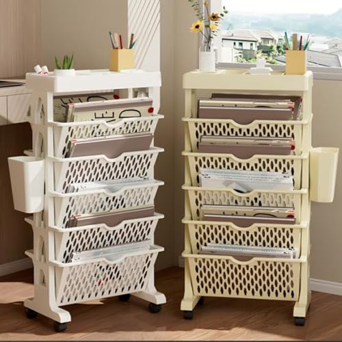 Movable Classroom Deskside Bookshelf, Desk Storage Organizer with Caster Wheels, 6-Tier Storage Trolley Under Desk, Adjustable Rolling Cart Organizer Multifunctional Rolling Cart with Hanging Cups ( C